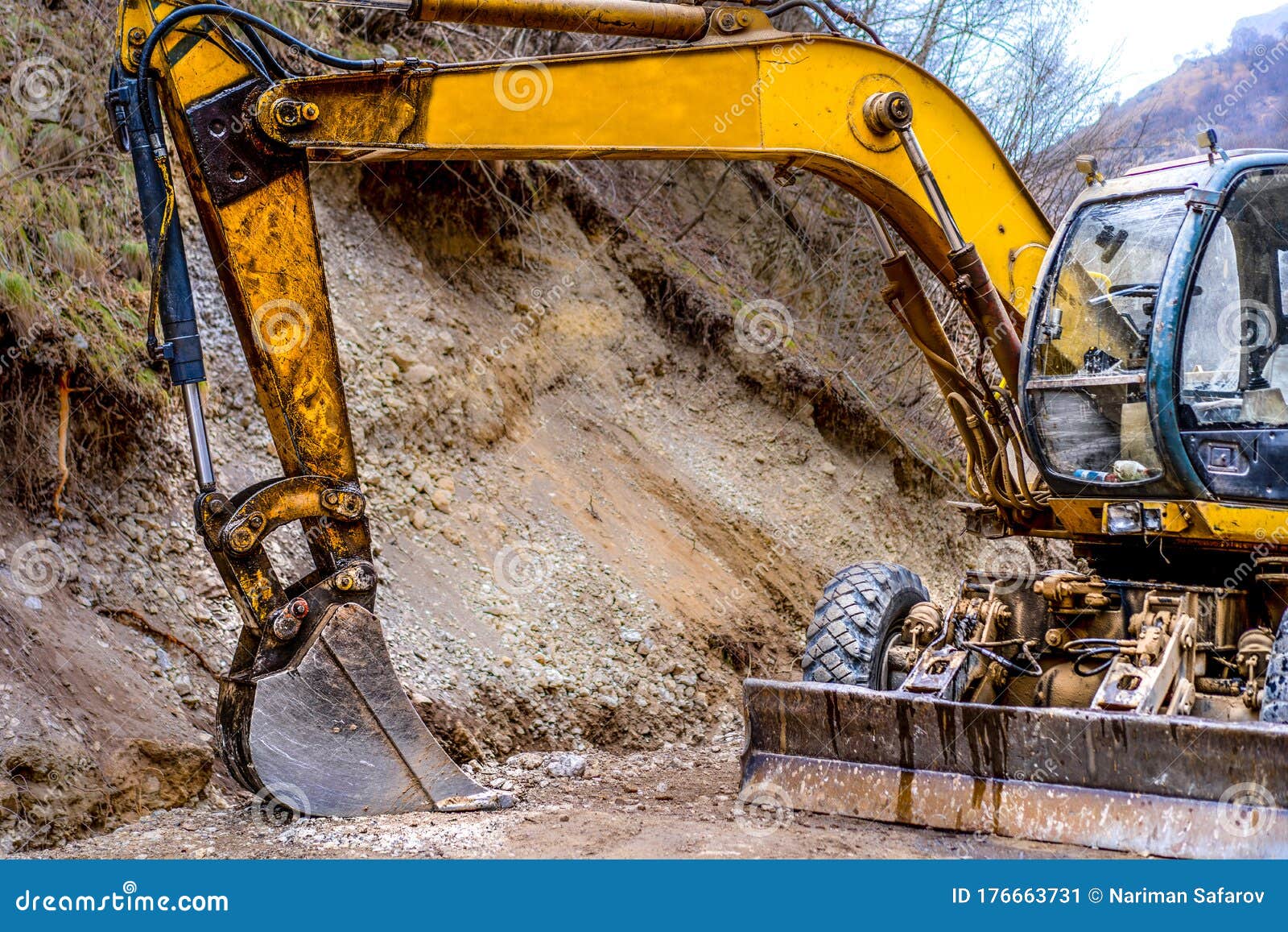 Excavator in the Mountains for Digging a Trench Stock Image - Image of ...