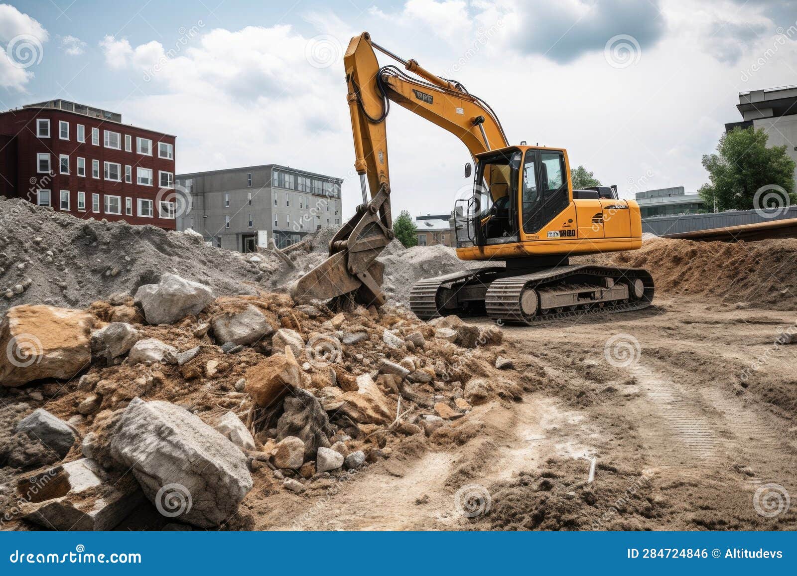 Excavator Moving Large Rocks and Debris in Construction Site Stock ...
