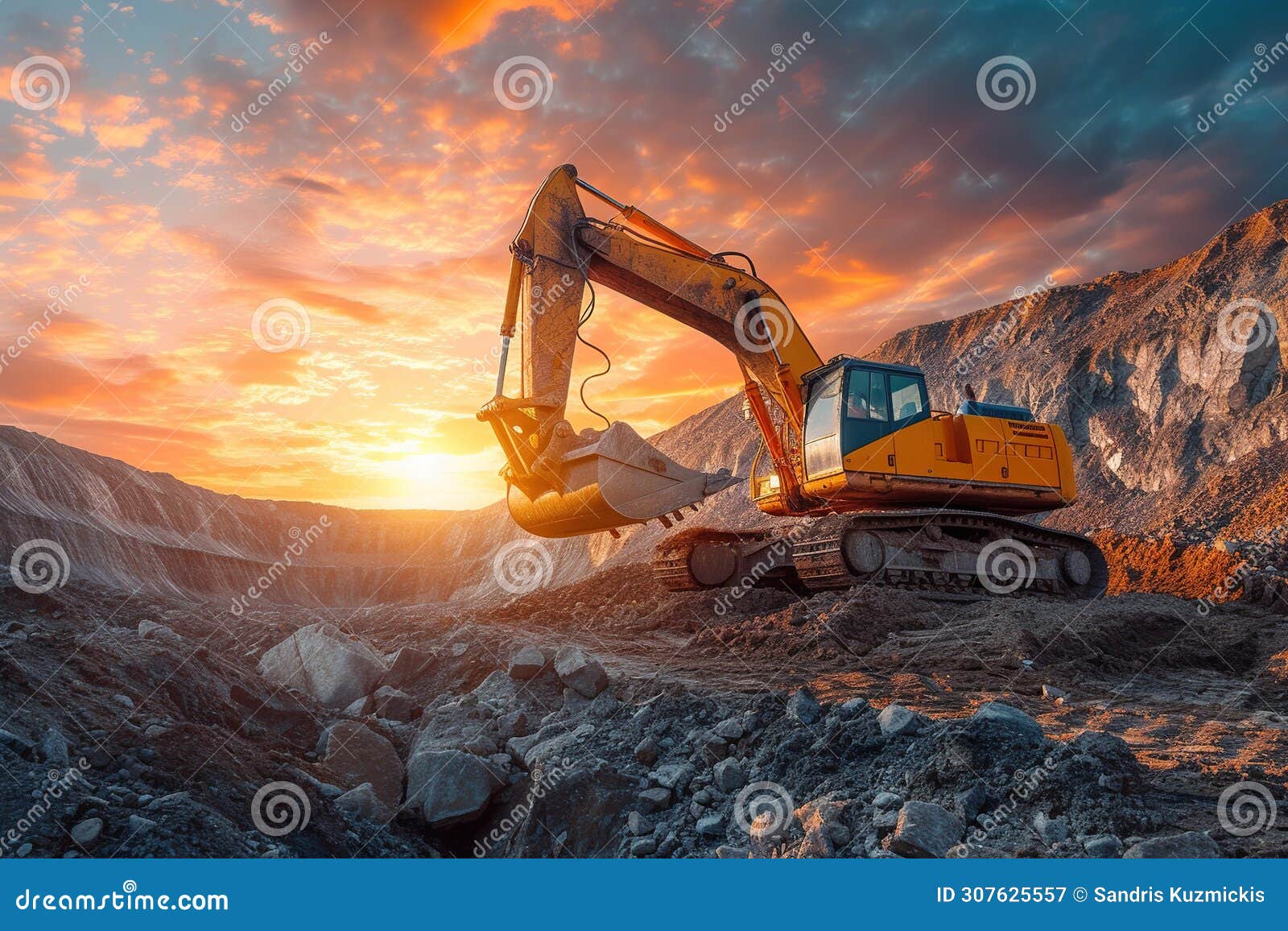 Excavator in Open Pit Mining on Sunset. Generative AI Stock ...