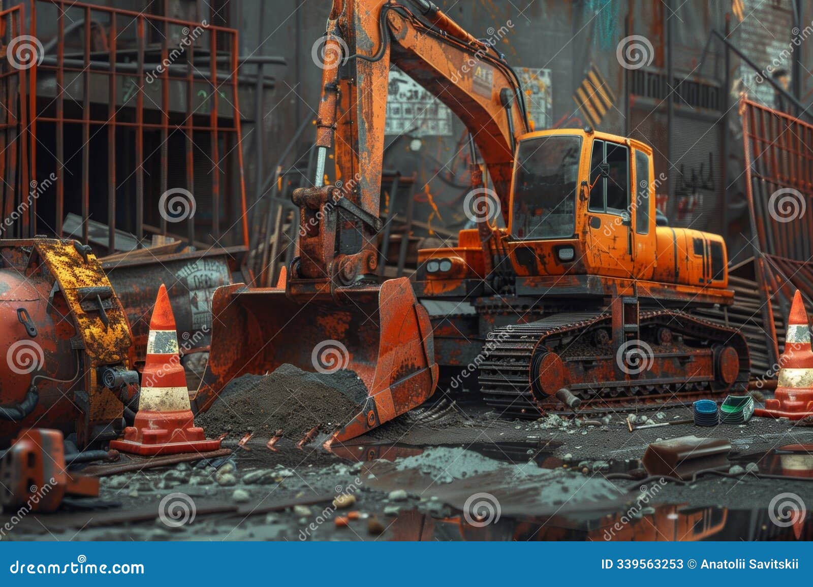 An Excavator Operates at a Construction Site, Surrounded by Debris and ...