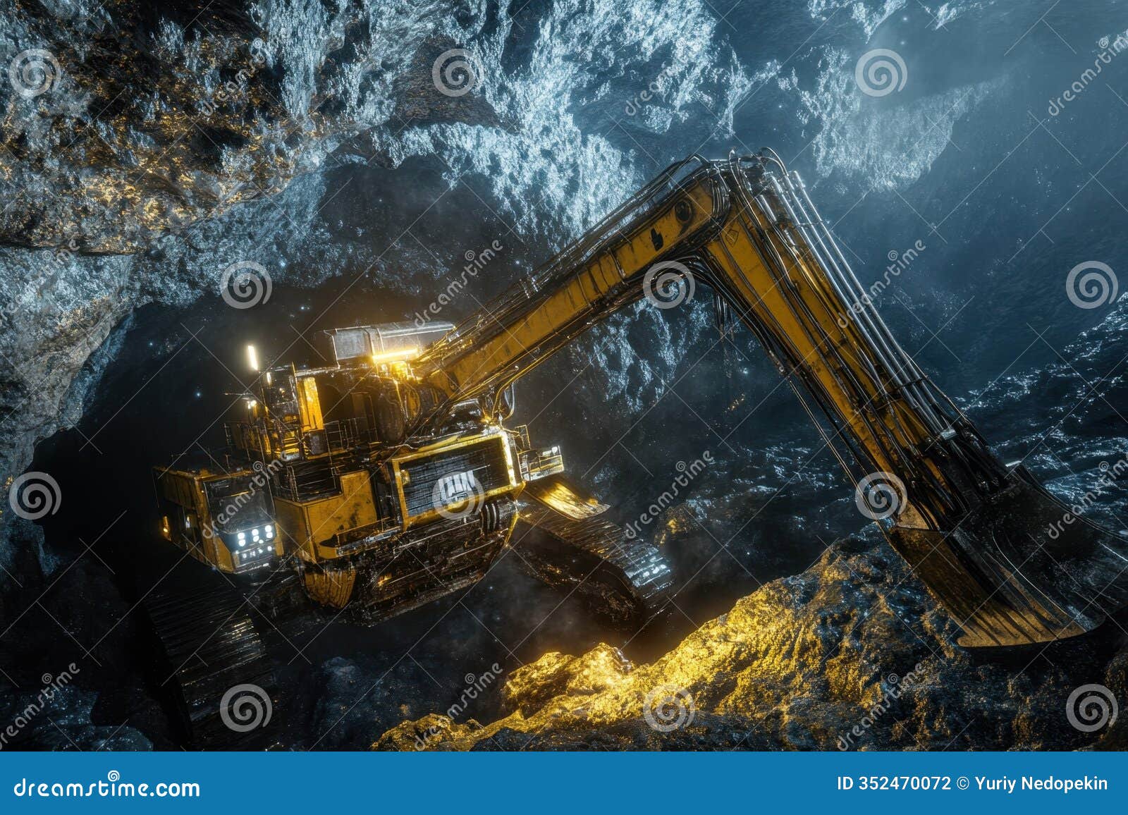 Excavator Operating in a Dimly Lit Underground Mining Environment Stock ...