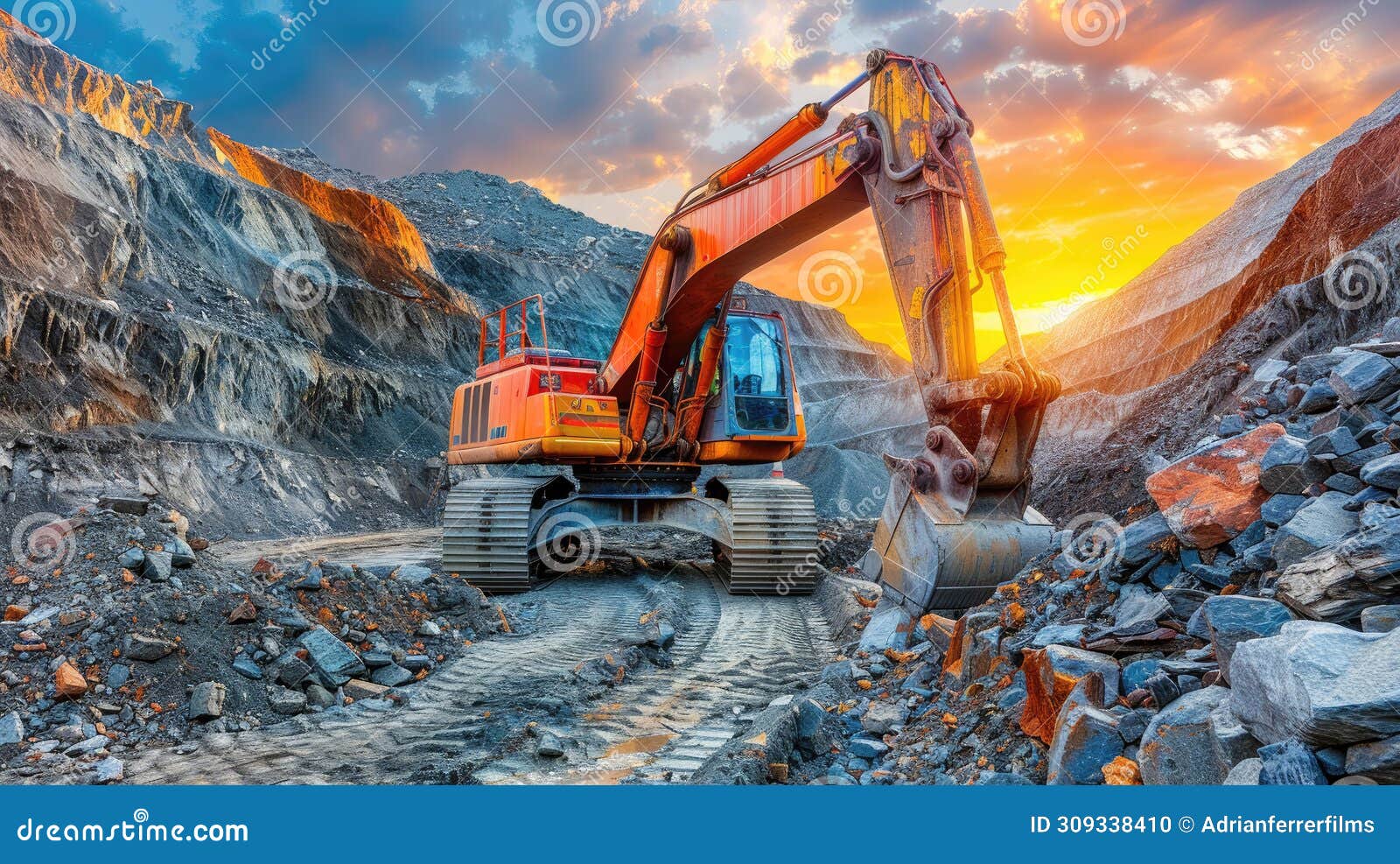 Excavator Operating In A Diabase Quarry With Conveyor Belts Stock ...