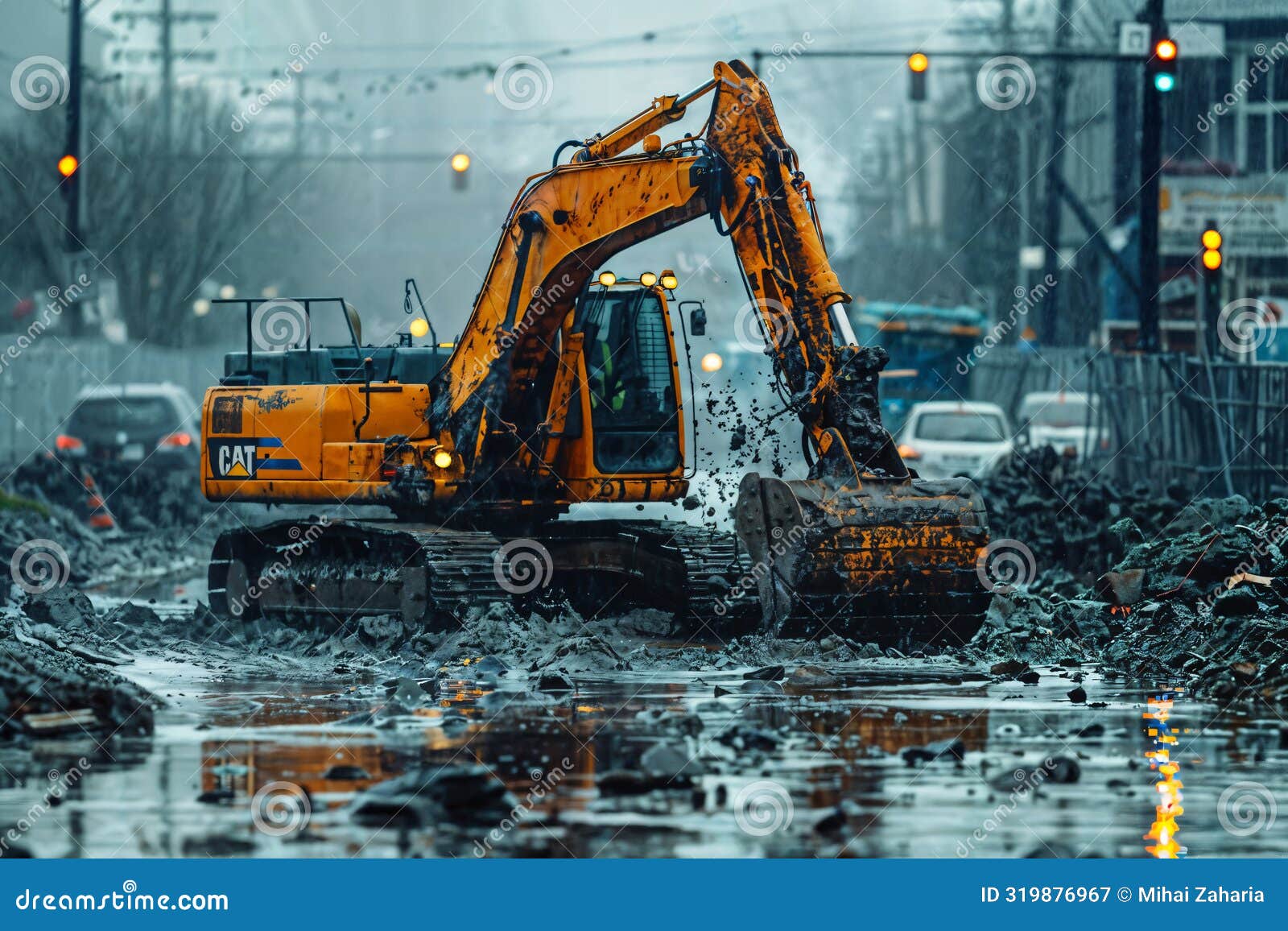 Excavator Operating in Urban Construction Site during Rain. Generative AI Stock Illustration ...