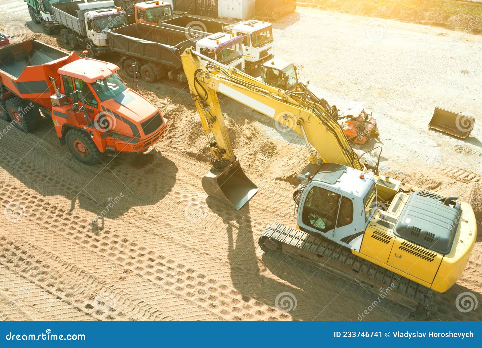 Excavator Dig The Trenches At A Construction Site. Trench For Laying ...