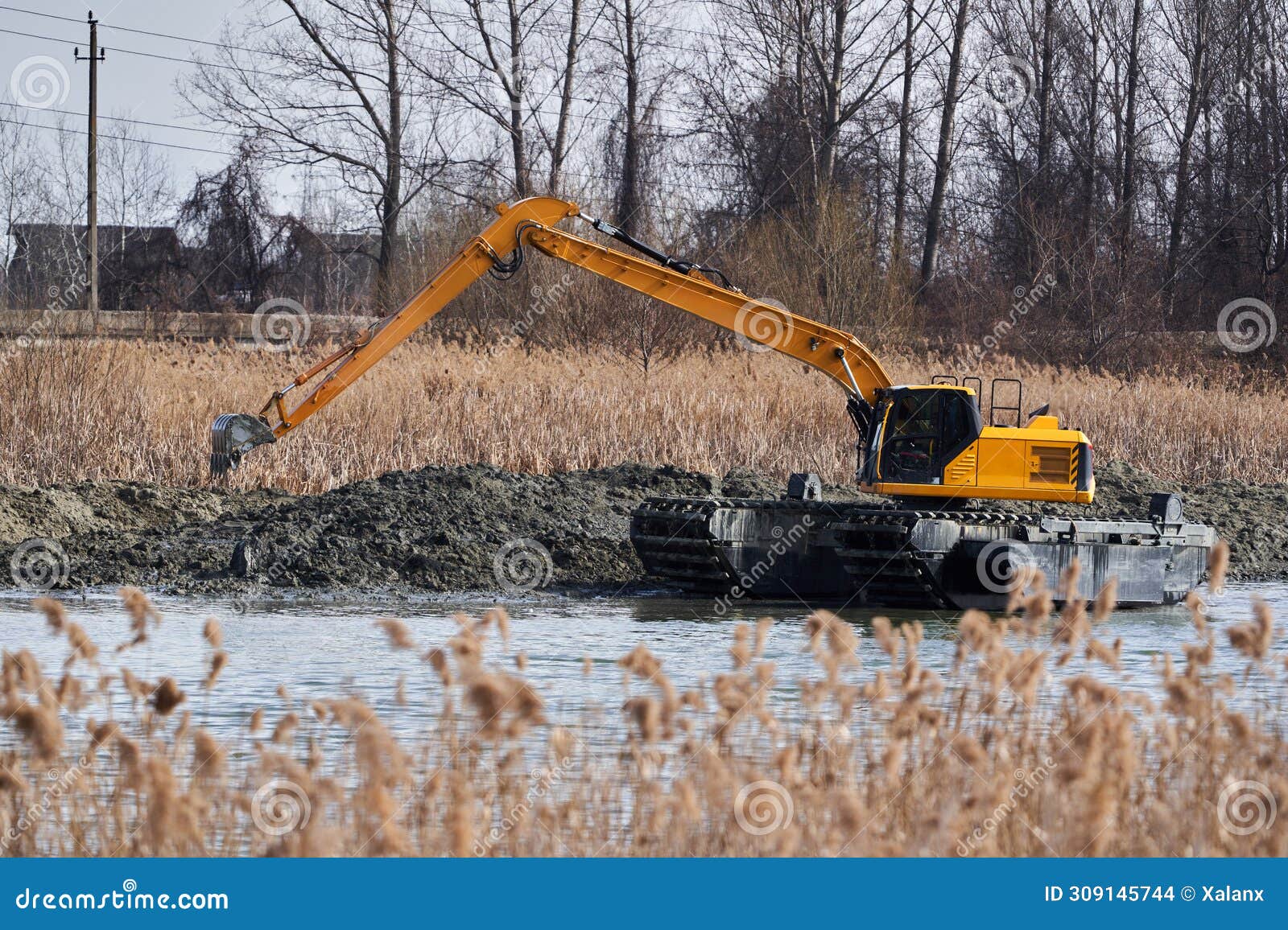 Excavator on the river stock photo. Image of construct - 309145744