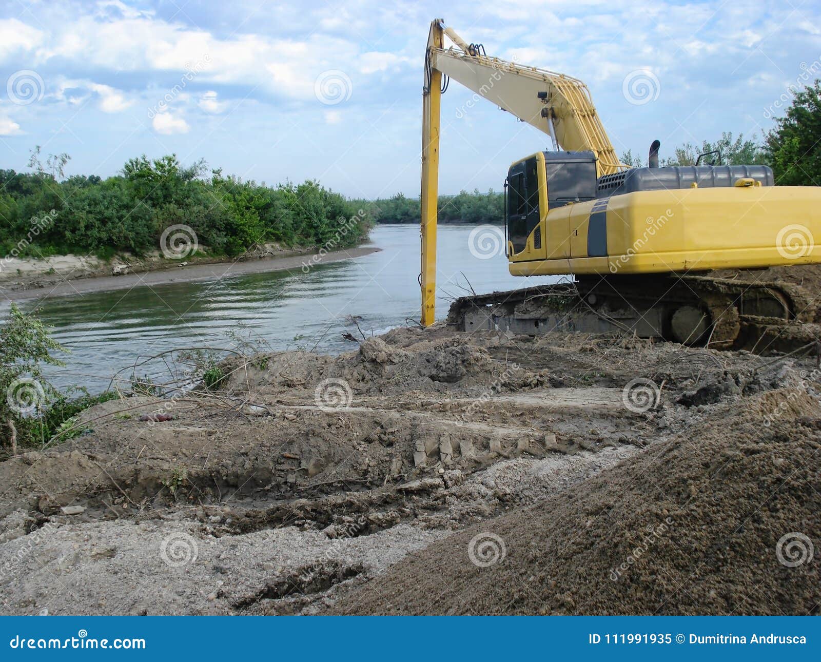 Excavator on river stock image. Image of outdoors, machinery - 111991935