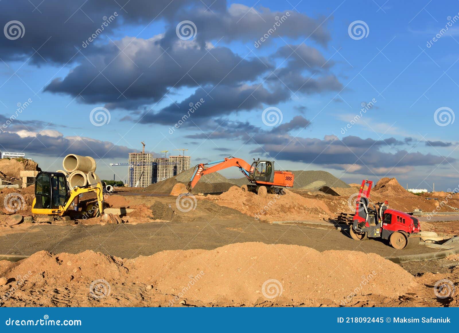 Excavator and Road Roller at Road Construction. Asphalt Paver Machine ...
