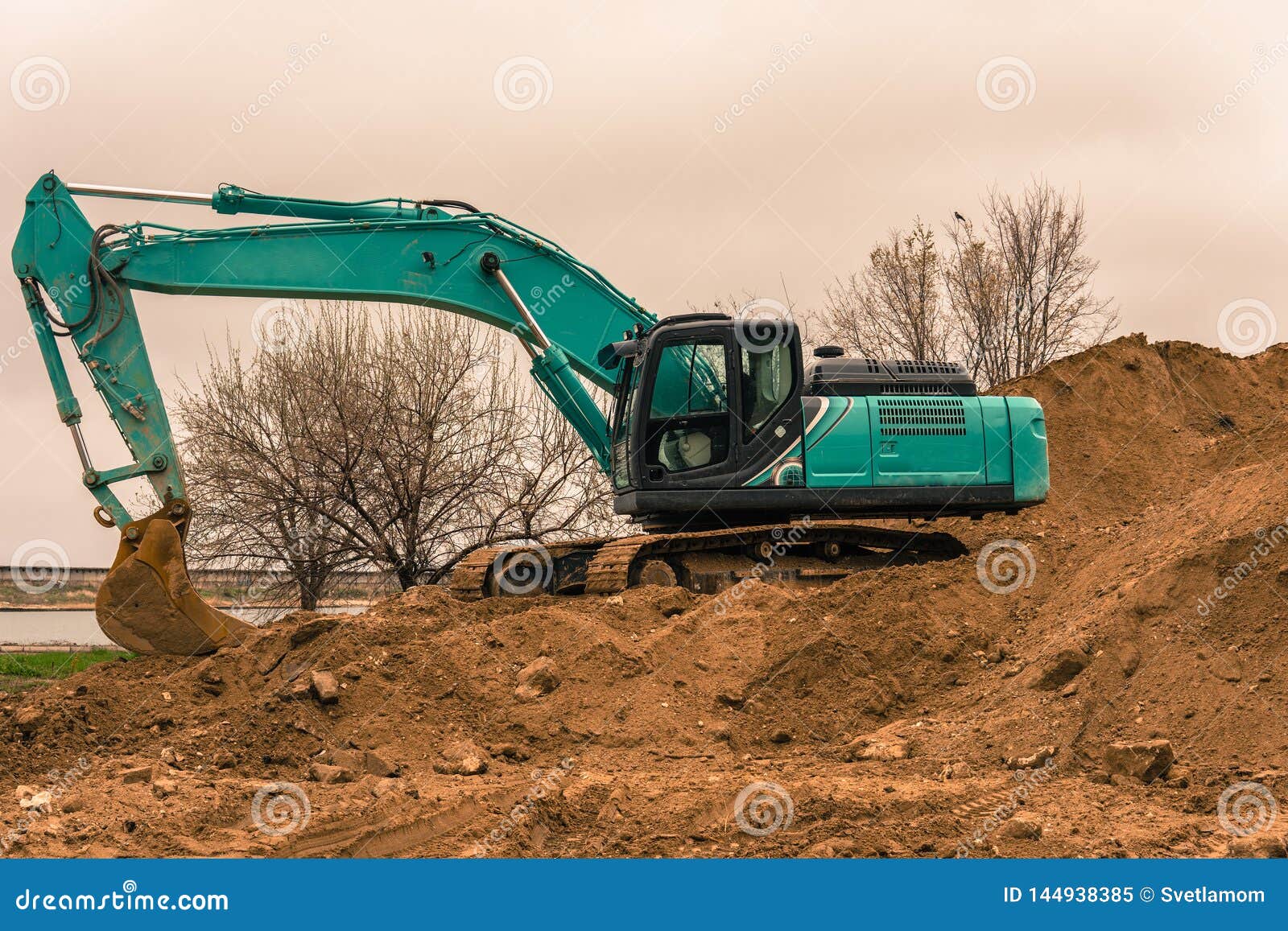 Excavator at Sandpit during Earthmoving Works Stock Image - Image of ...