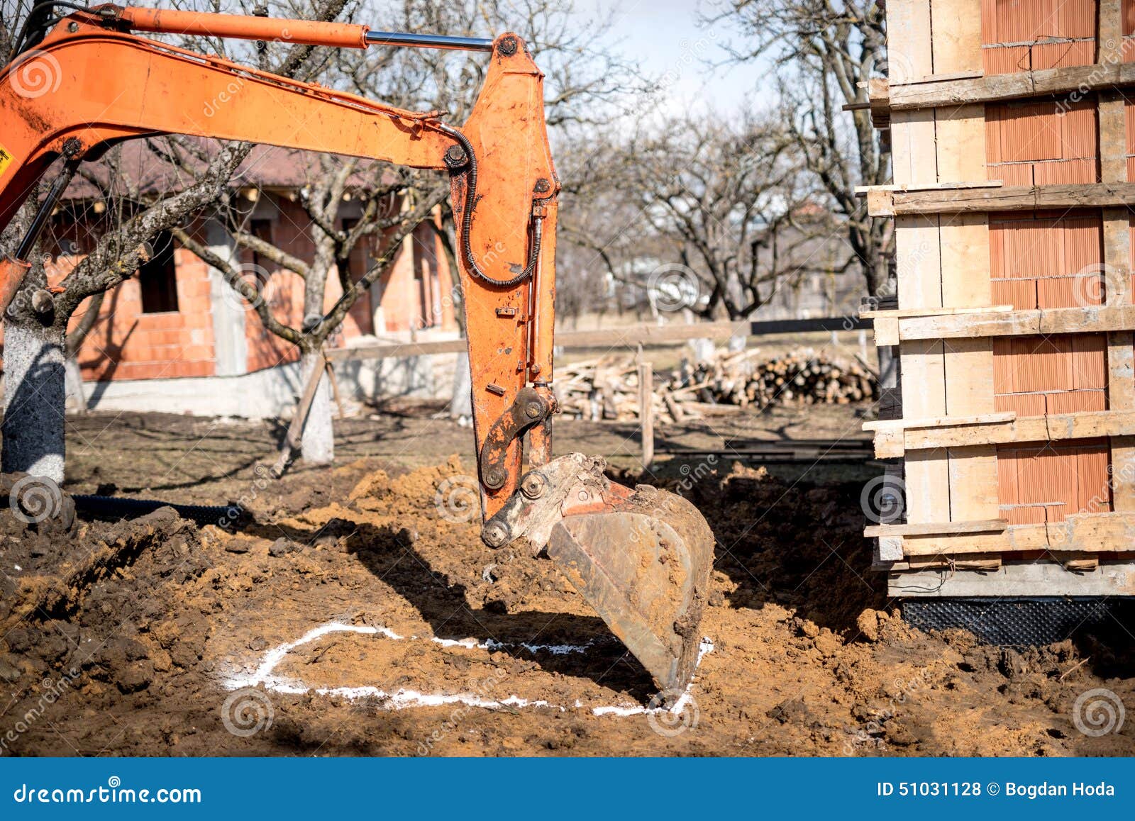 Excavator Scoop on Construction Site, Digging and Loading Dumper Trucks ...