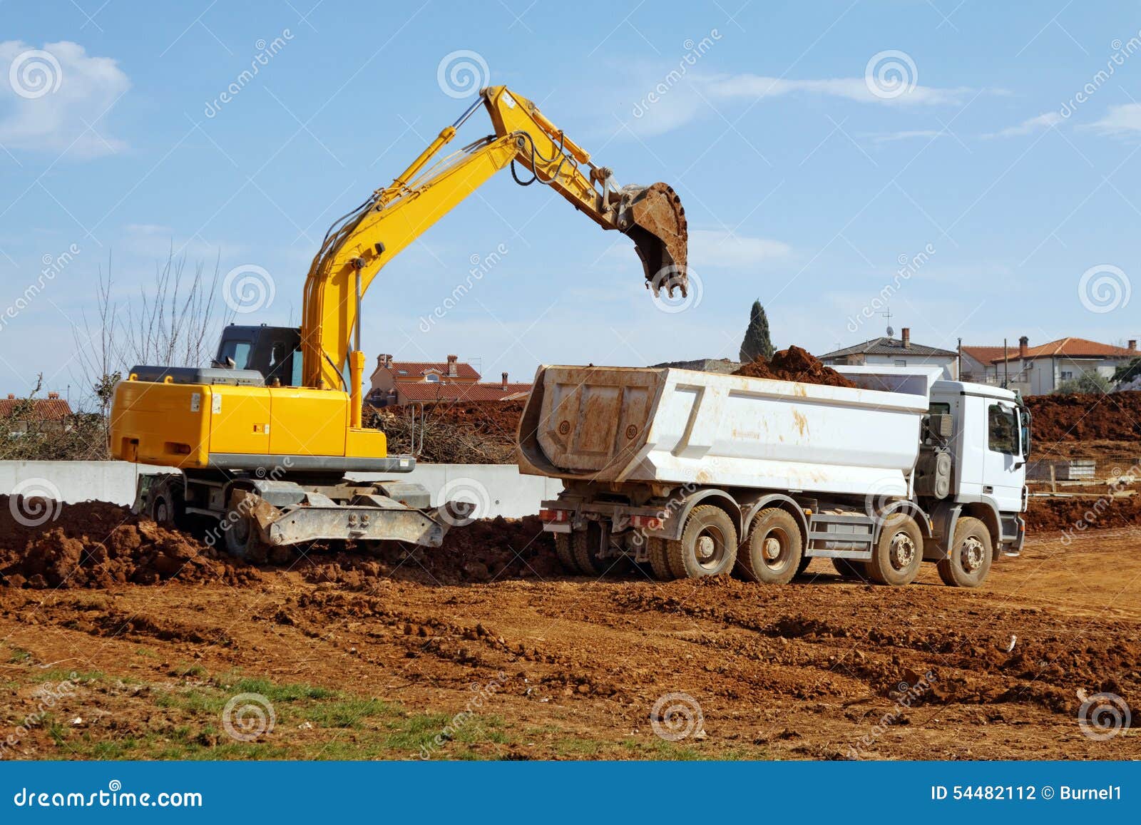 Excavator and tipper truck stock photo. Image of pour - 54482112