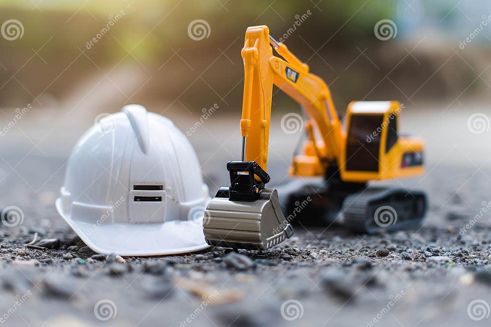 Excavator Toy with a Hard Hat Placed beside it Stock Image - Image of ...