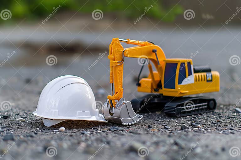 Excavator Toy with a Hard Hat Placed beside it Stock Photo - Image of ...