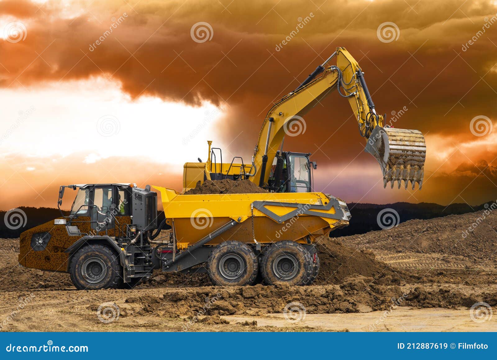 Excavator Work Loading Of Coal Into Yellow Mining Truck. Open Pit Mine ...