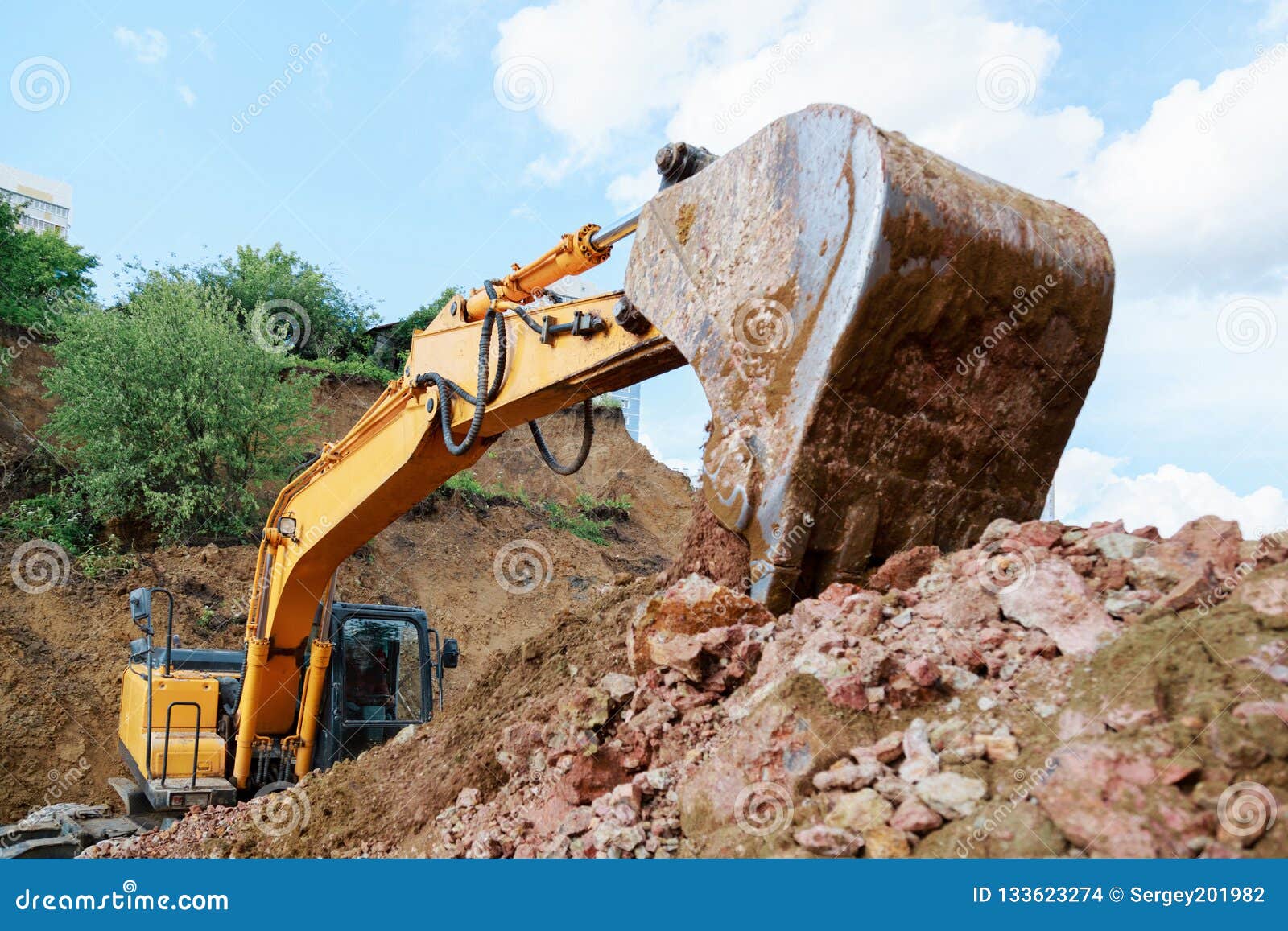 Excavator Digging the Ground. Bucket Closeup Stock Photo - Image of ...