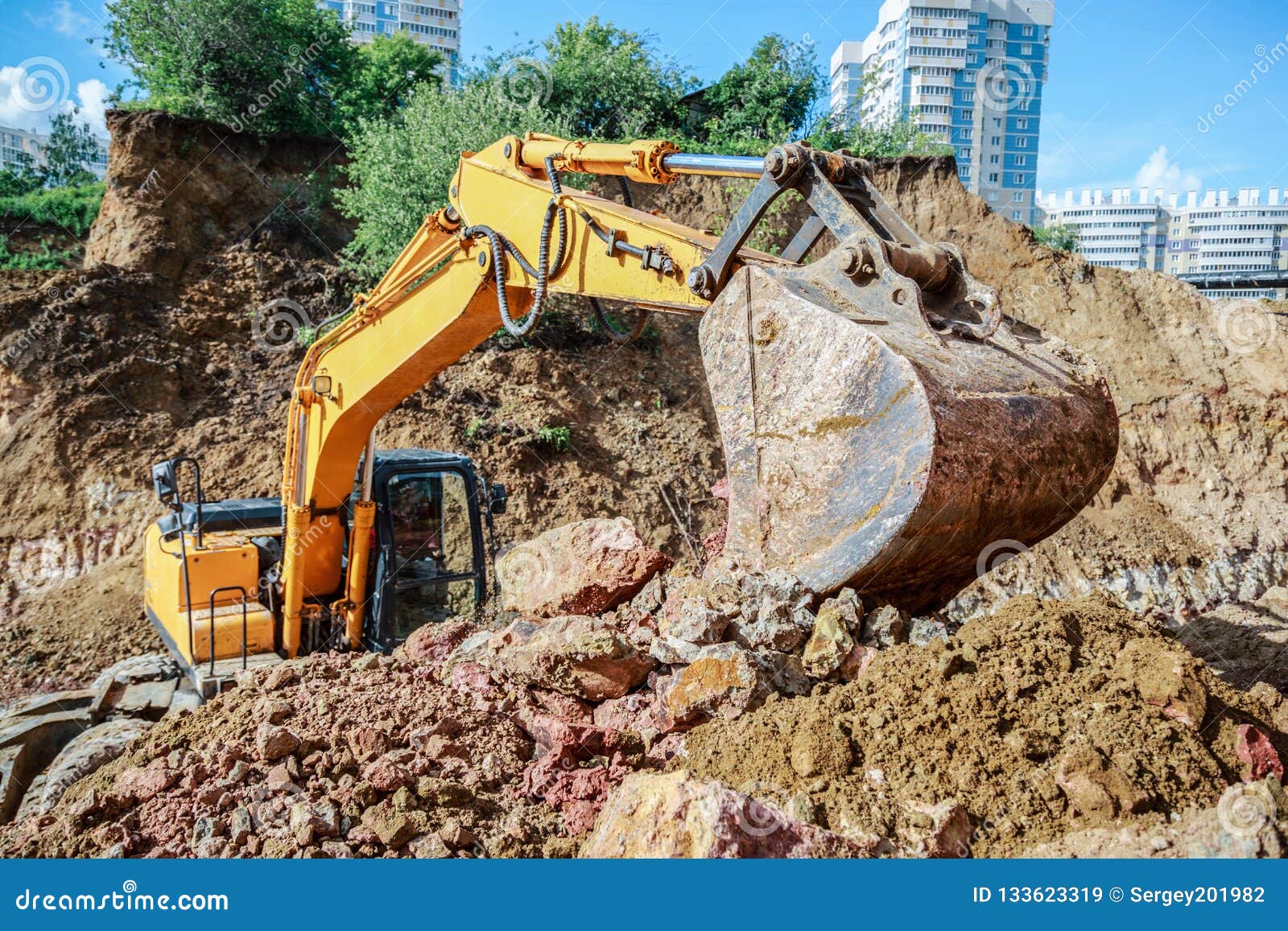 Excavator Digging the Ground. Bucket Closeup Stock Image - Image of ...