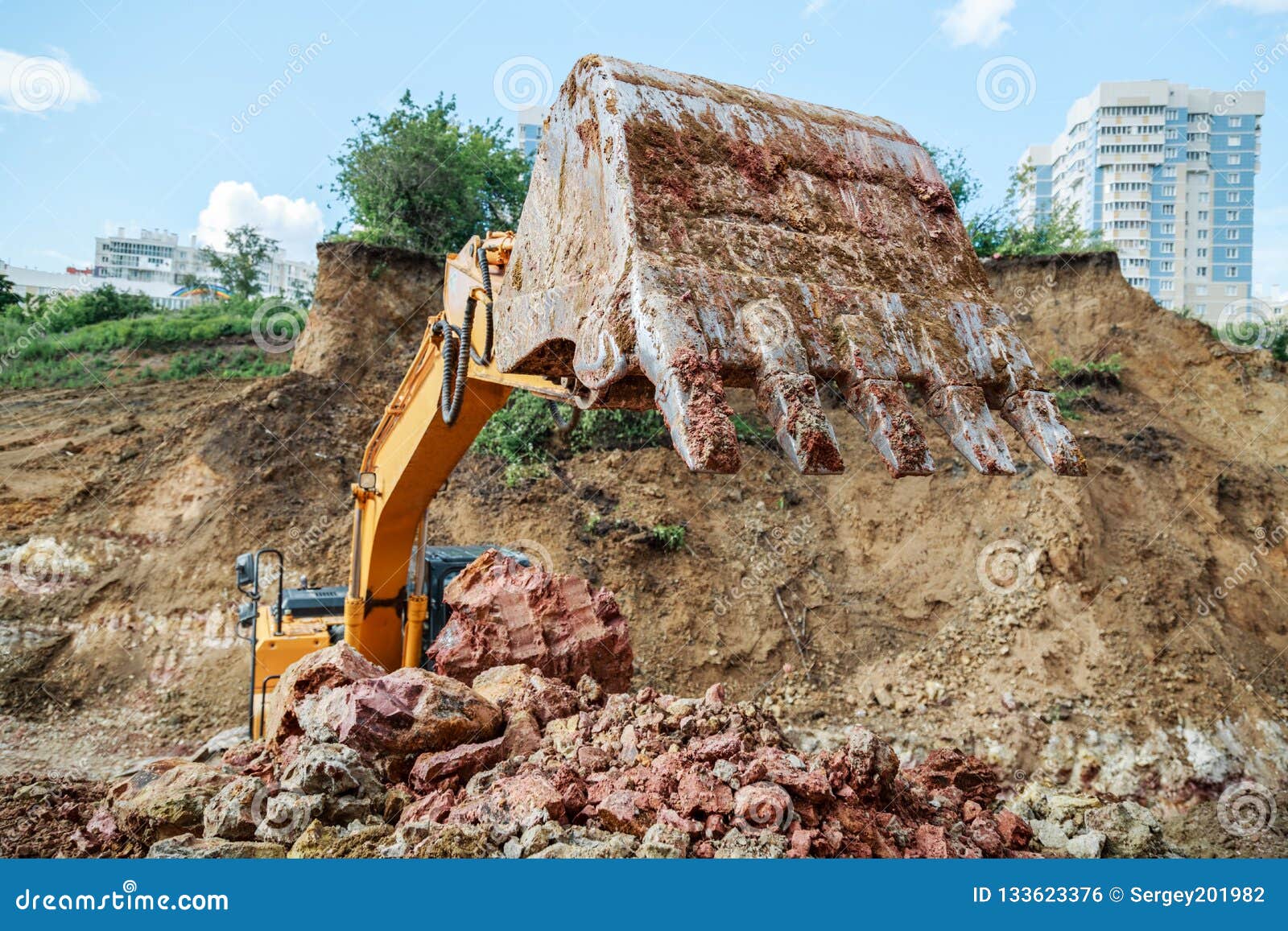 Excavator Digging the Ground. Bucket Closeup Stock Photo - Image of ...