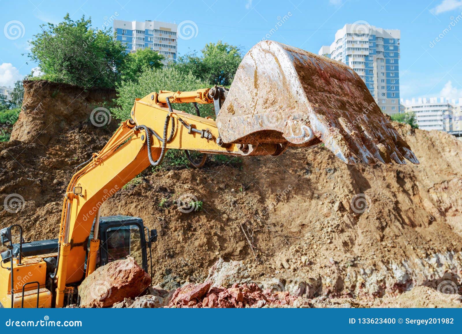 Excavator Digging the Ground. Bucket Closeup Stock Photo - Image of ...