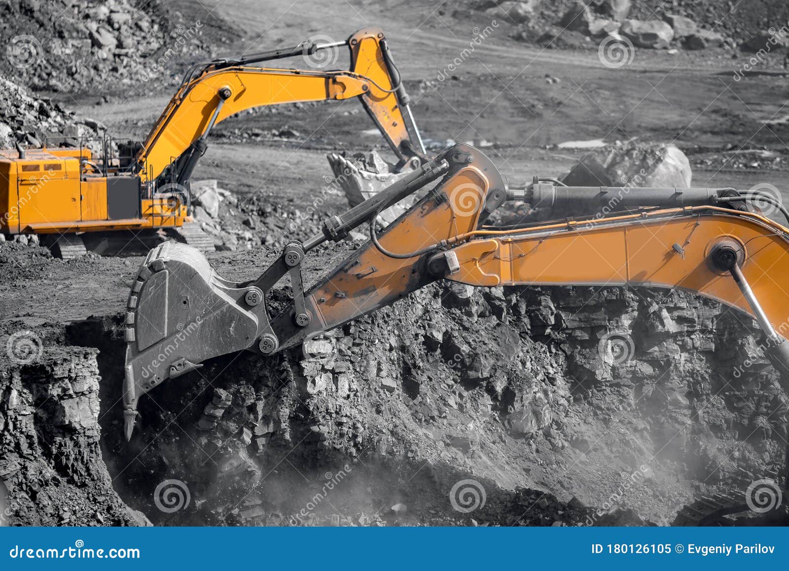 Excavator Work Loading of Coal into Yellow Mining Truck. Open Pit Mine ...