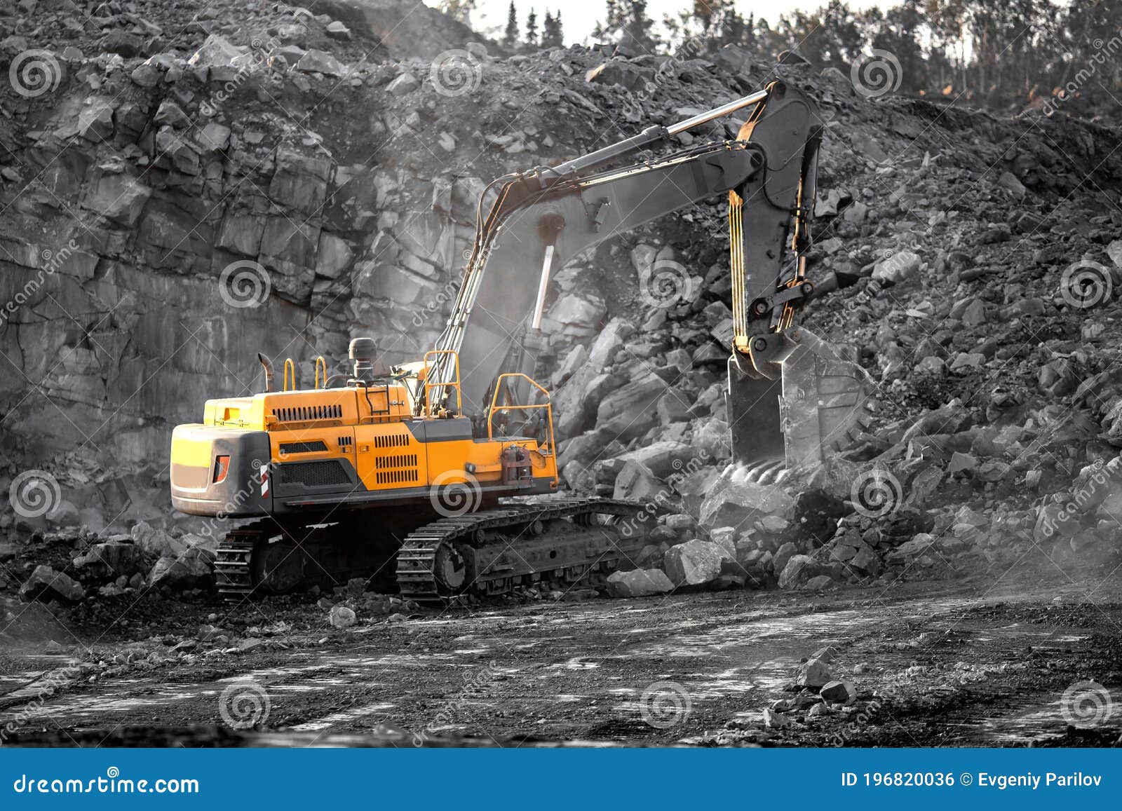 Excavator Work Loading of Coal into Yellow Mining Truck. Open Pit Mine ...