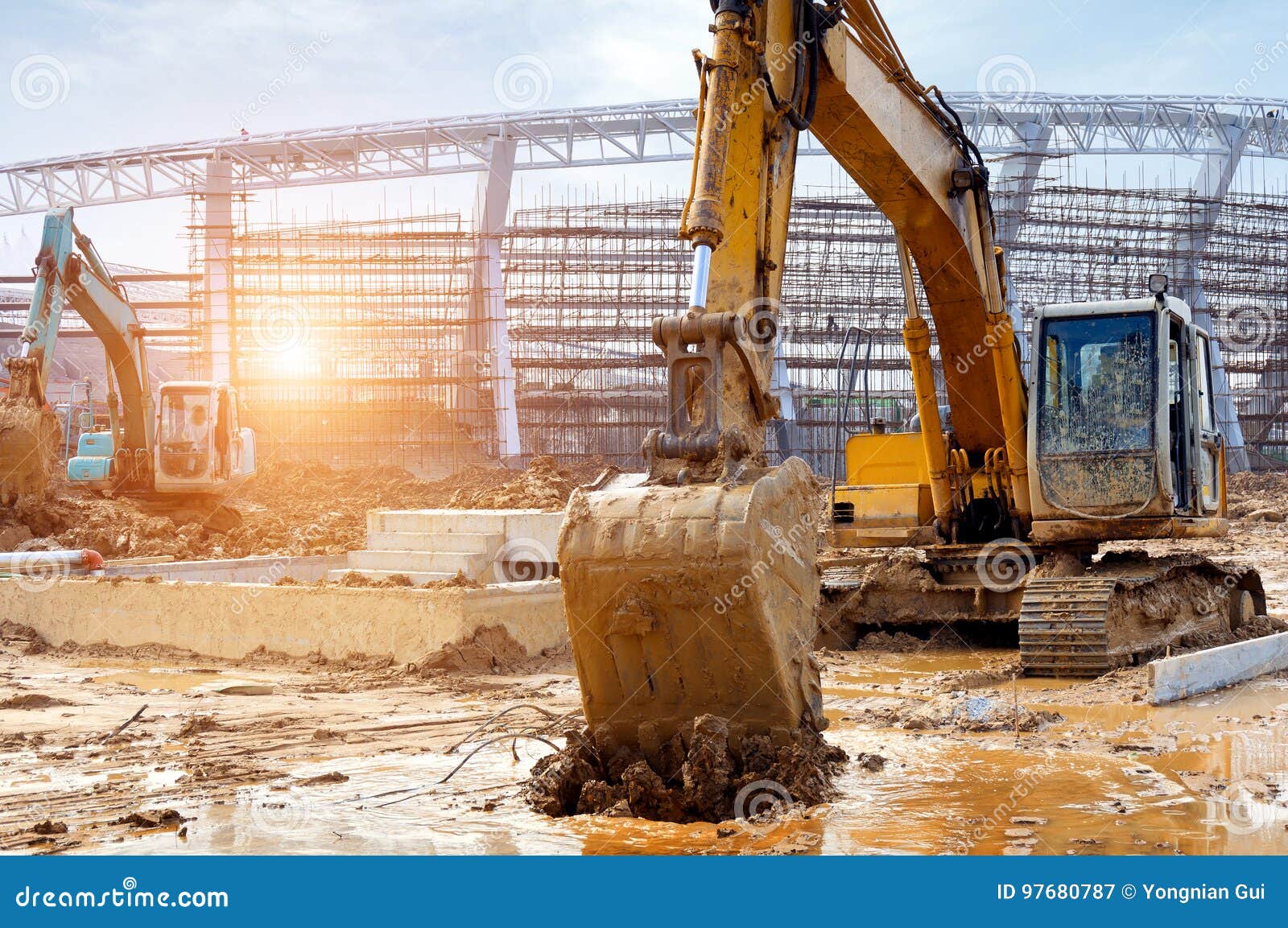 Excavator at work stock image. Image of tractor, machine - 97680787