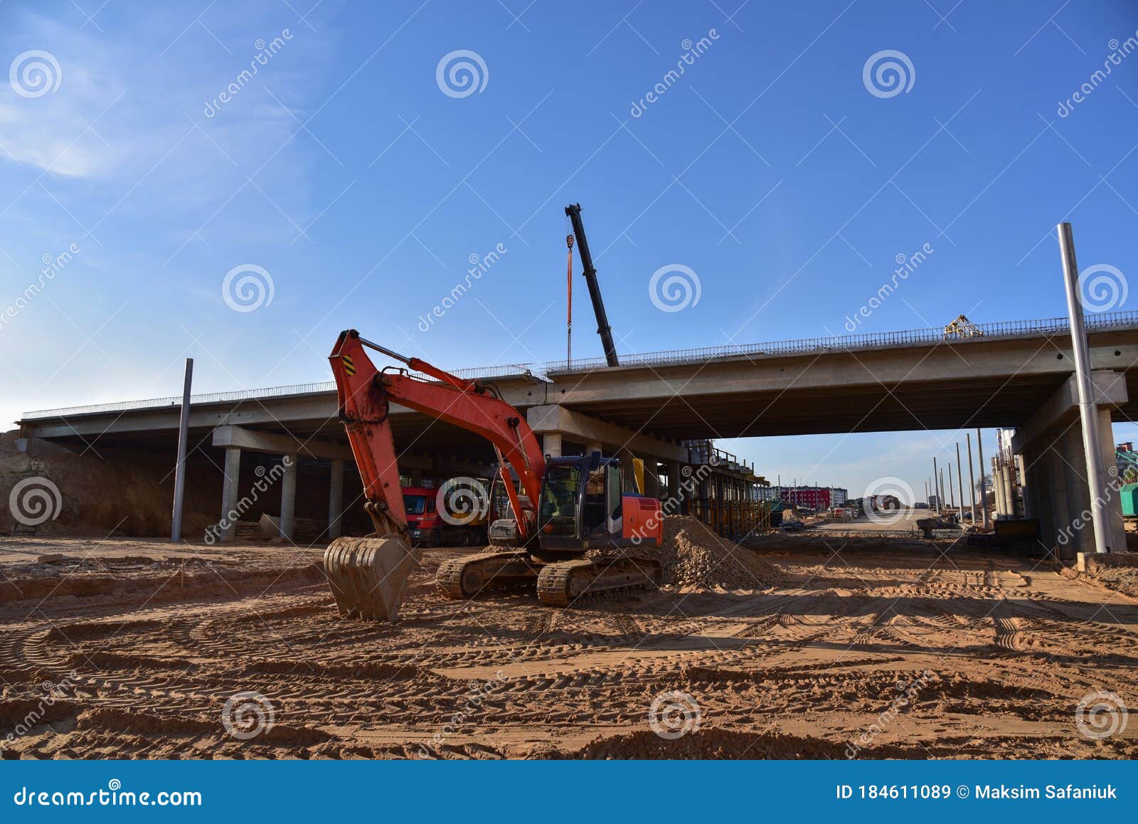 Excavator Working at Construction Highway Ramps and Bridgeworks ...
