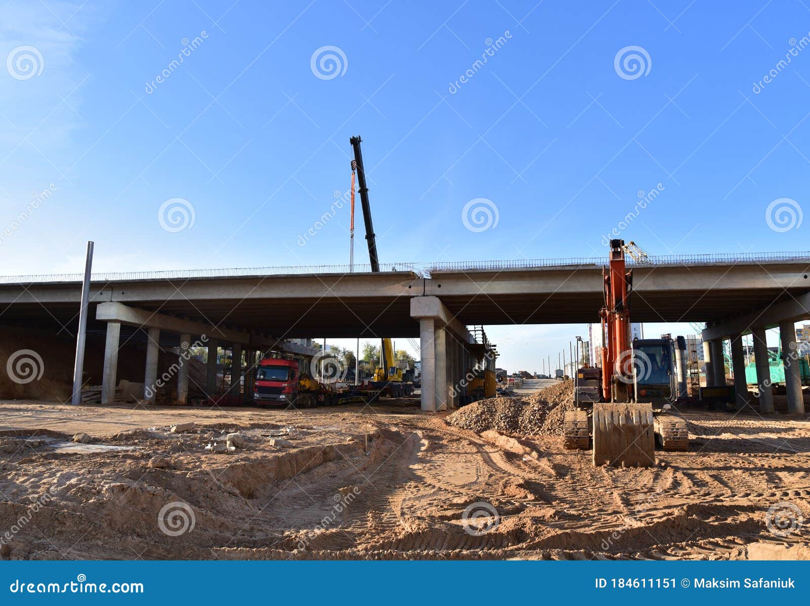 Excavator Working at Construction Highway Ramps and Bridgeworks ...