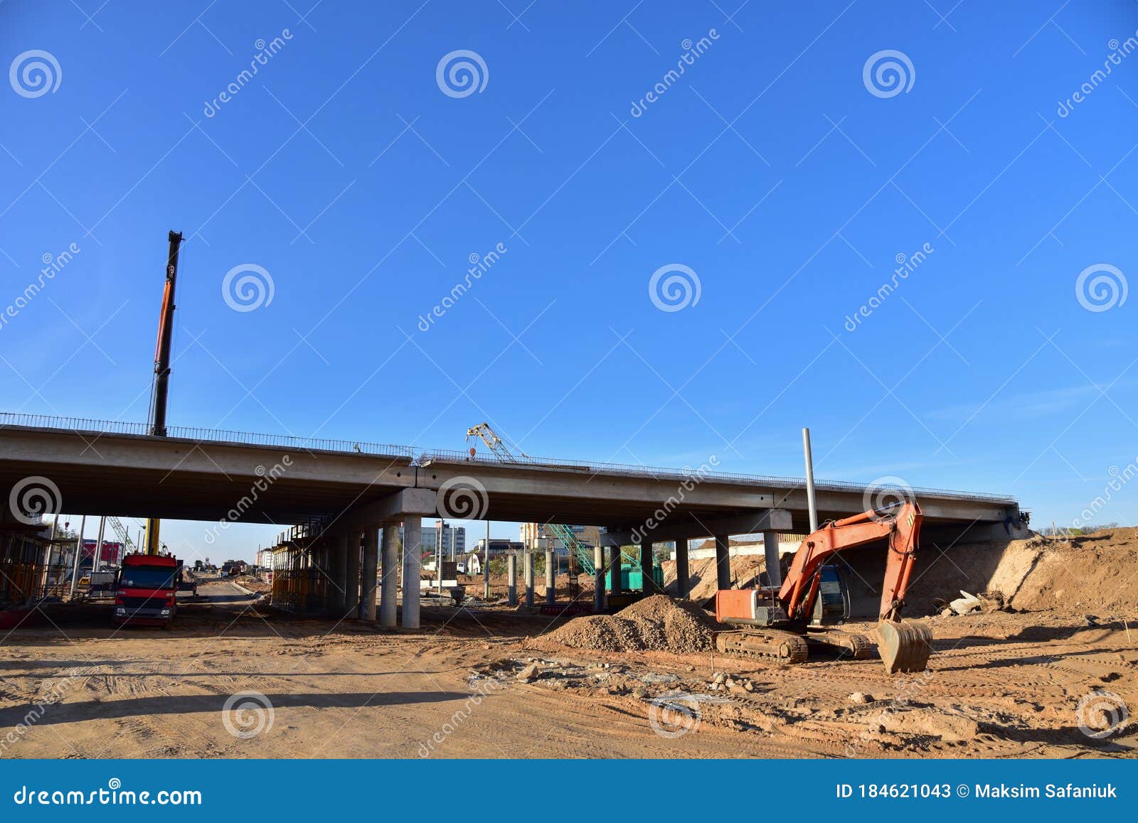 Excavator Working at Construction Highway Ramps and Bridgeworks ...