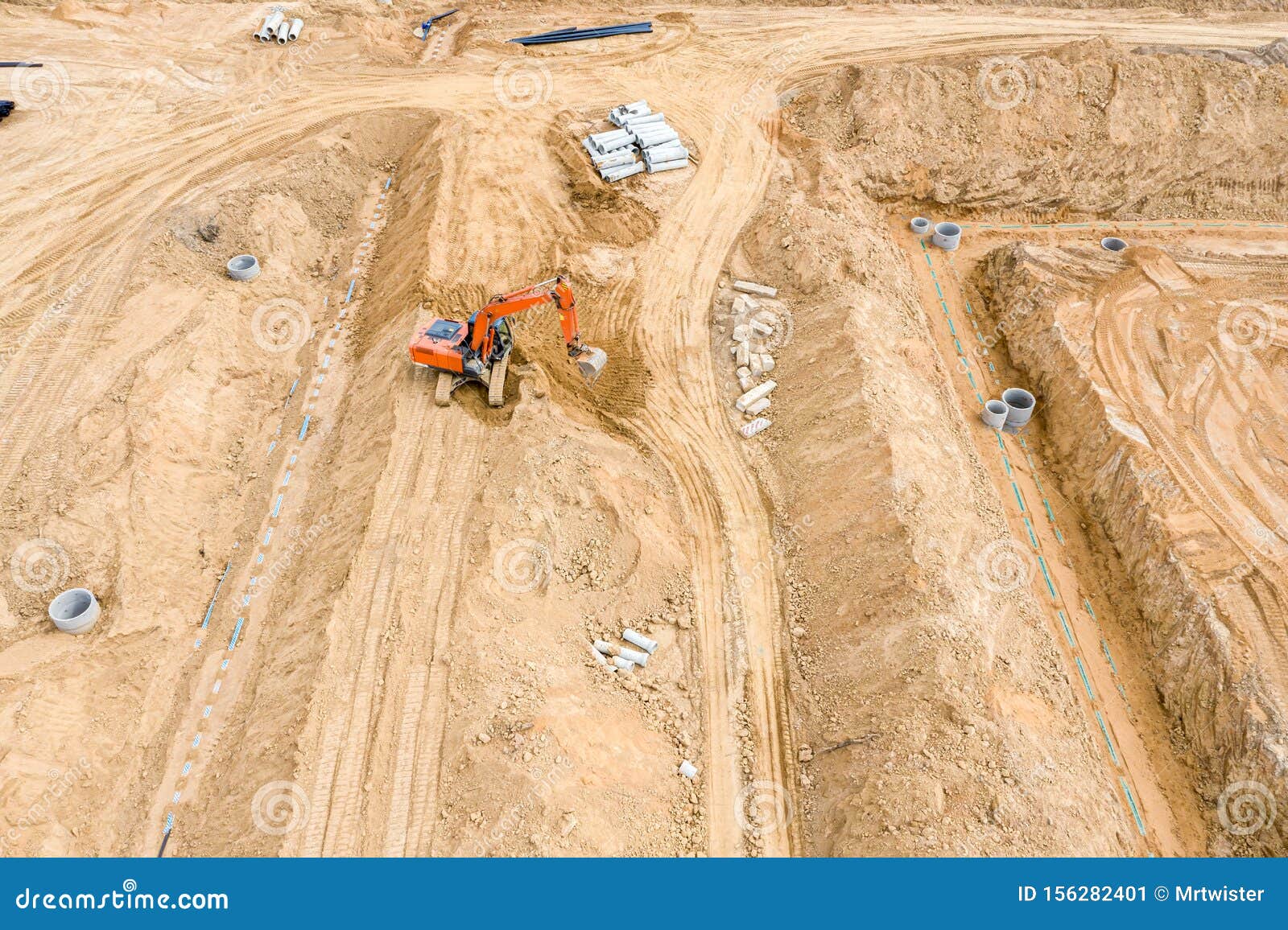 Excavator Working at Construction Site. Aerial View Stock Image - Image ...