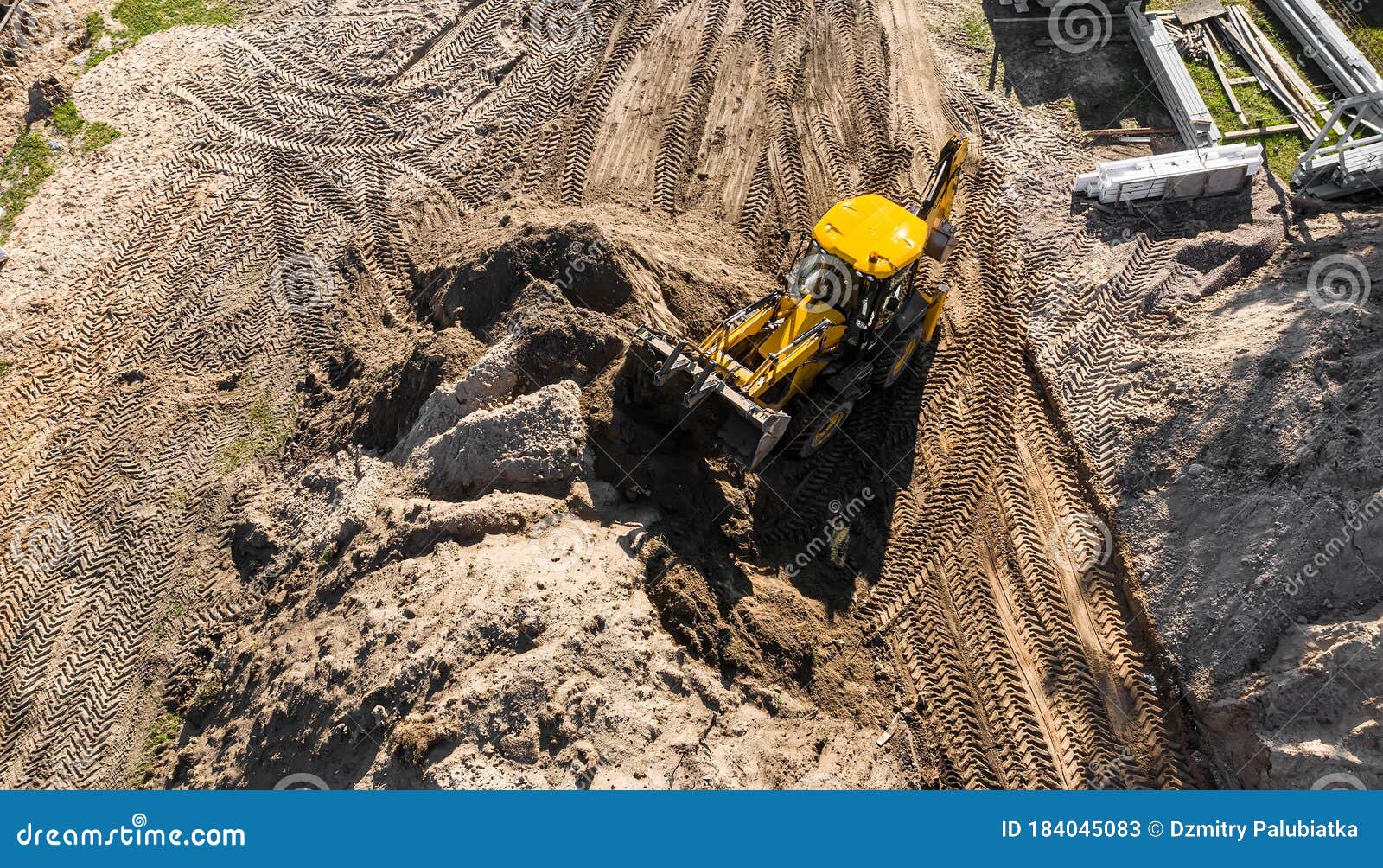 Excavator Working on a Construction Site Top View Stock Image - Image ...