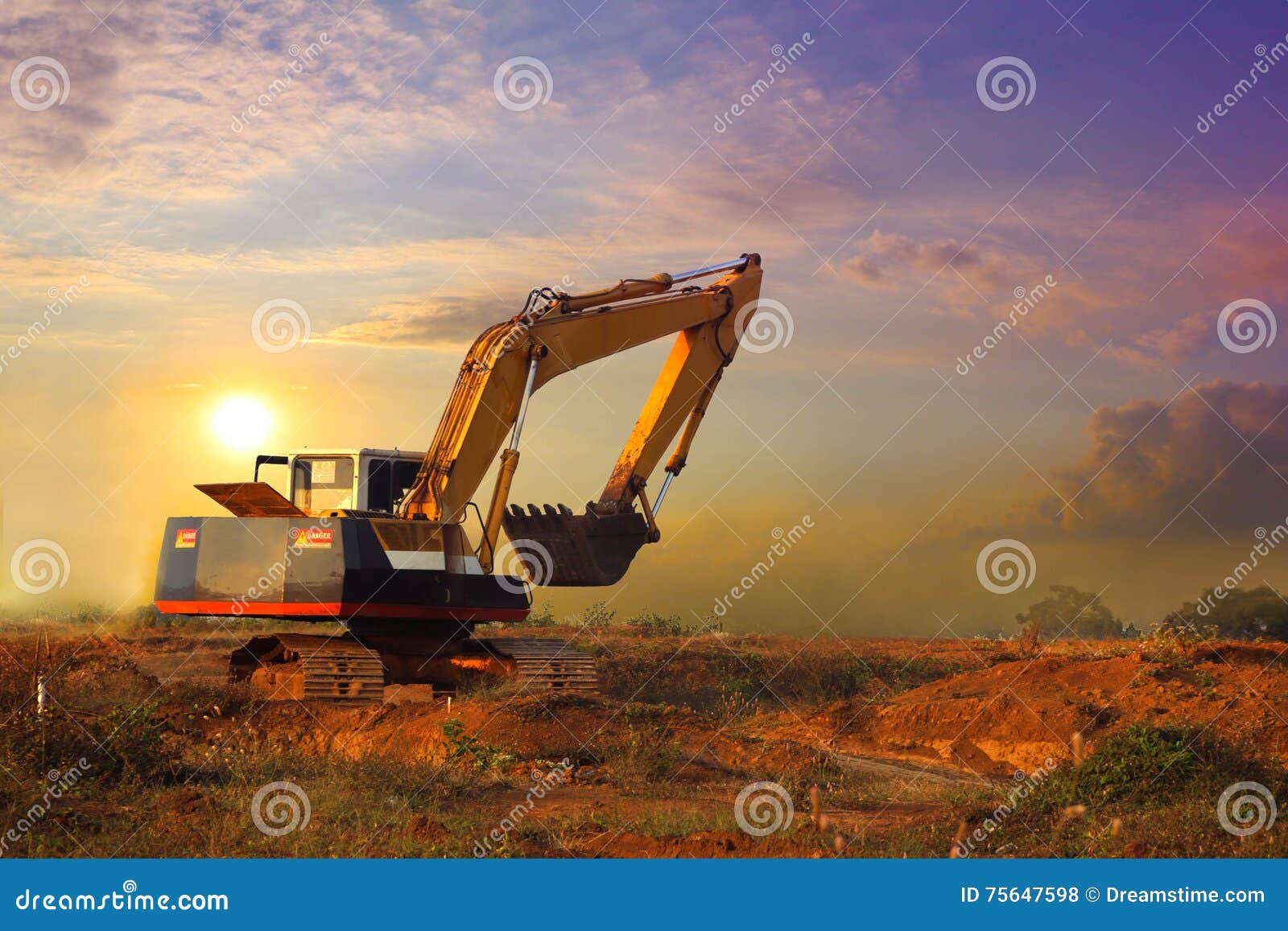 Excavator Working and Moving Earth in Construction Afternoon Stock ...