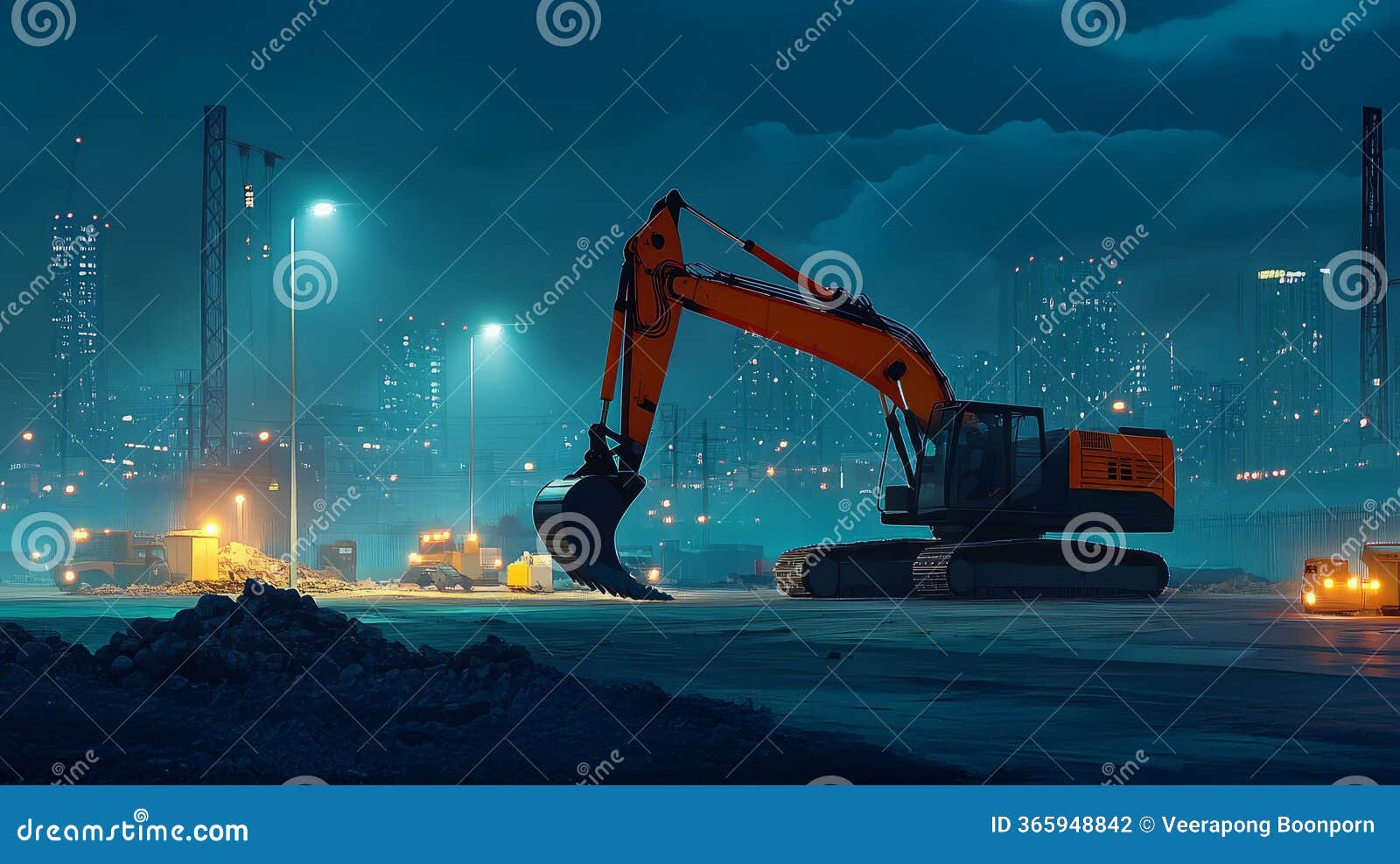 Excavator Working On Demolition Site With Debris And Smoke Stock ...