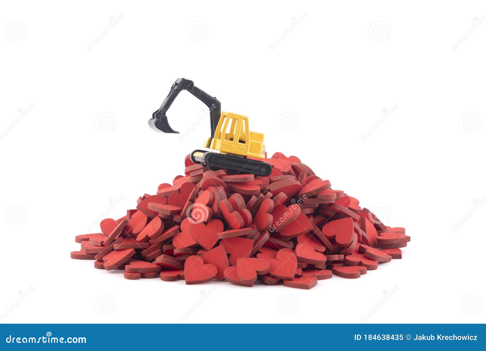 Excavator Working on Pile of Hearts Isolated on White Background Stock ...