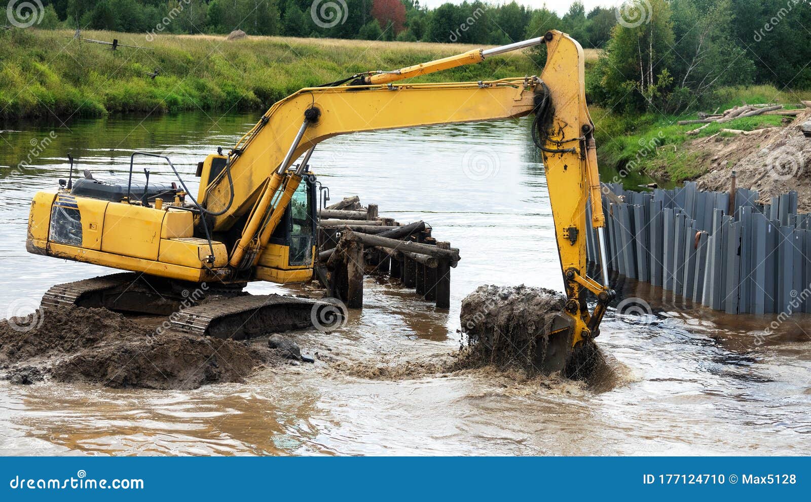 Excavator Working in the River Stock Photo - Image of river, riverside ...