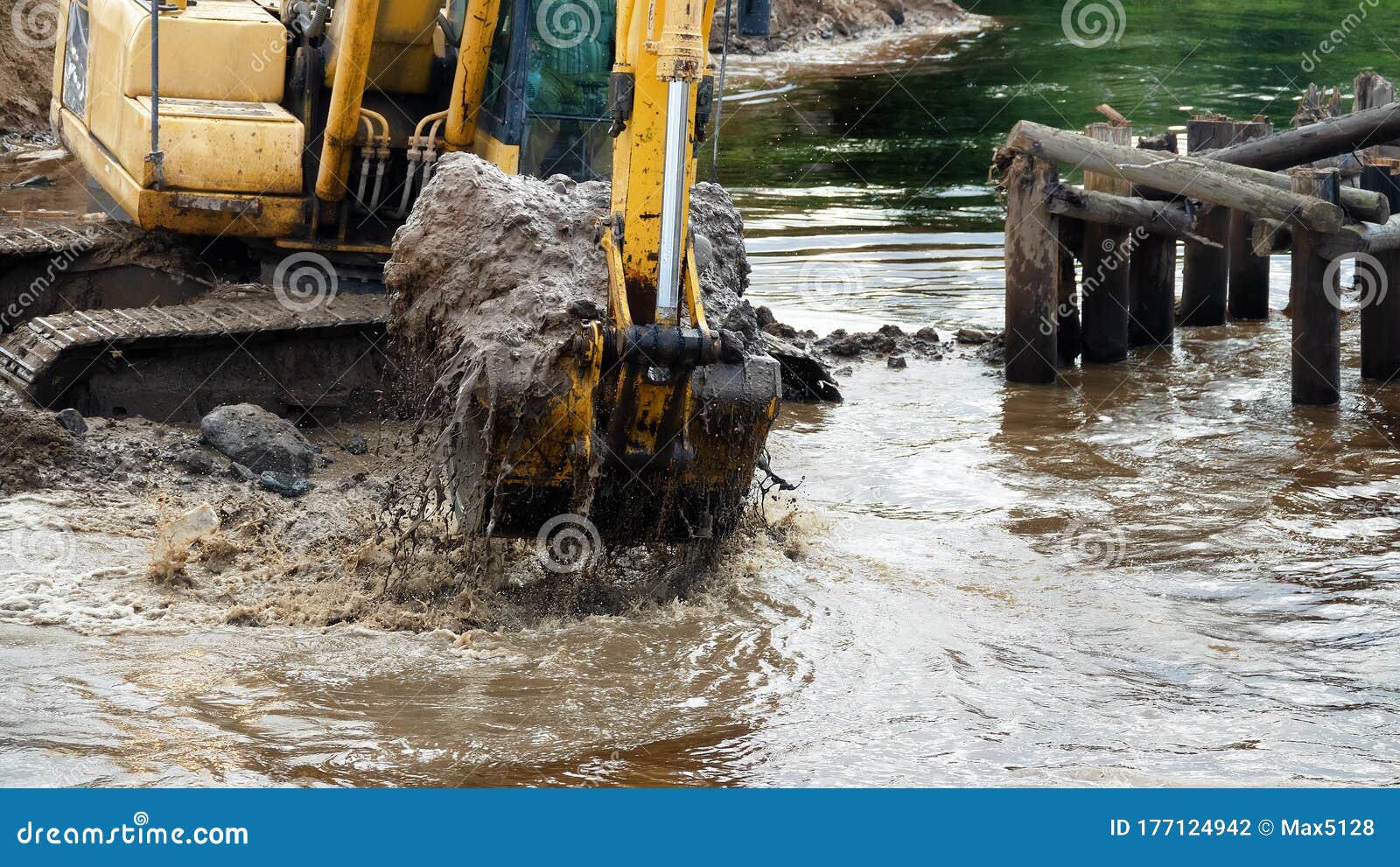 Excavator Working in the River Stock Photo - Image of dredge, shovel ...