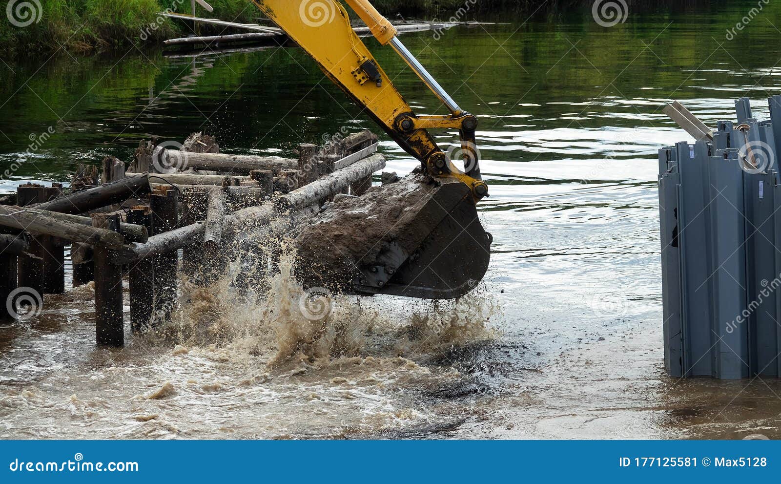 Excavator Working in the River Stock Image - Image of city, river ...