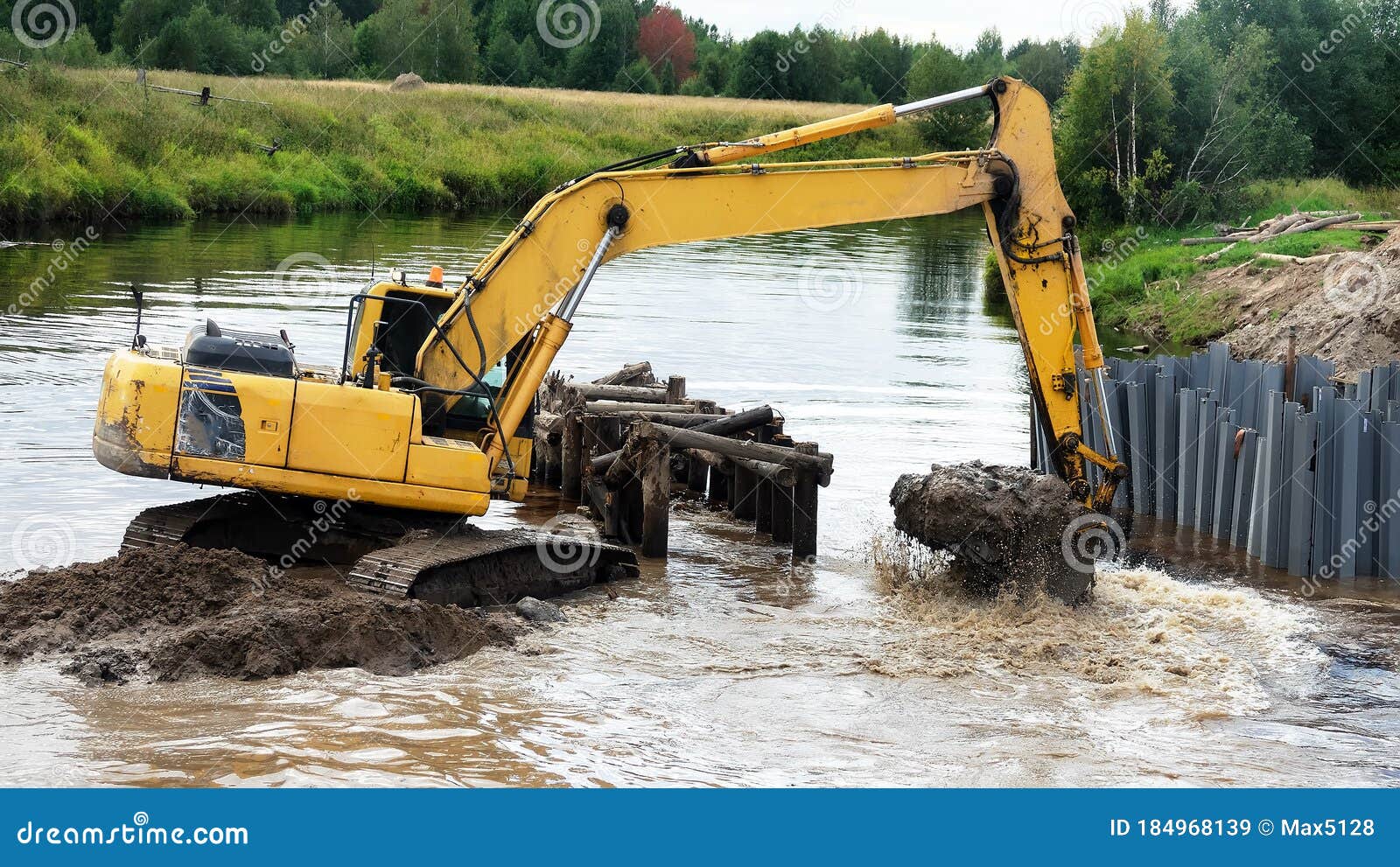 Excavator Working in the River Stock Image - Image of work, engineering ...
