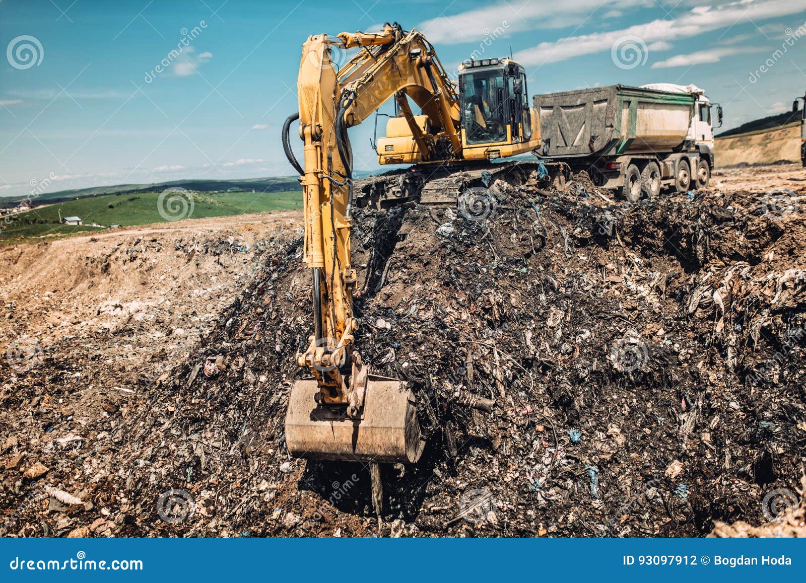 Excavator Working on Urban Trash Dumping Grounds Stock Photo - Image of ...
