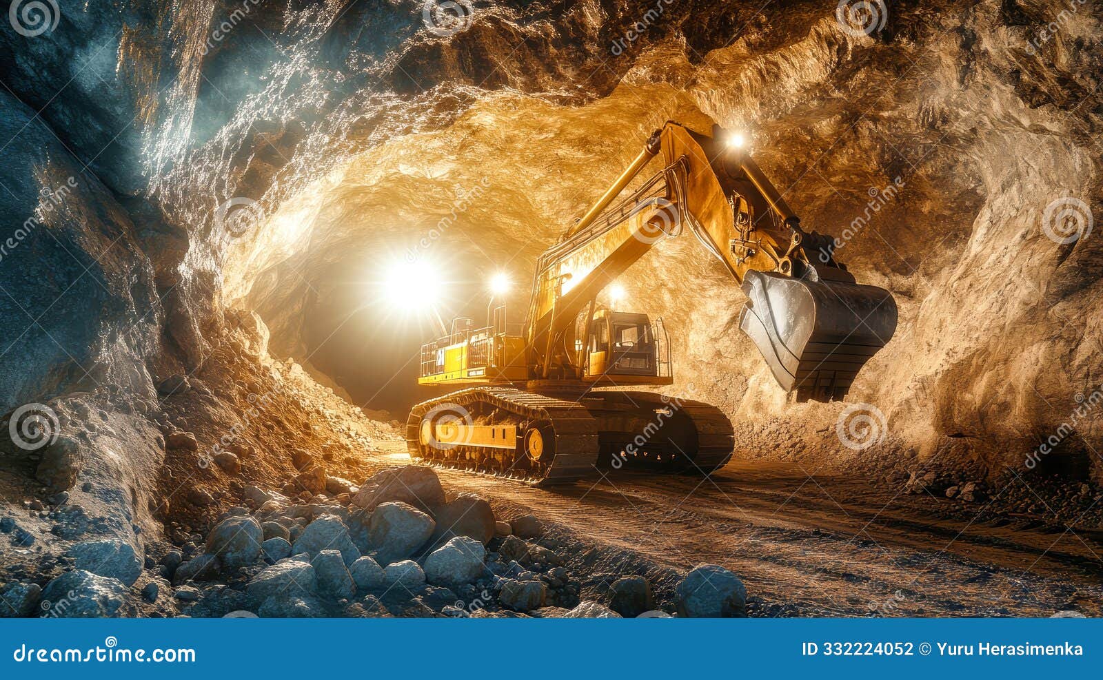 An Excavator Works Efficiently in a Deep Underground Mine, Expertly ...