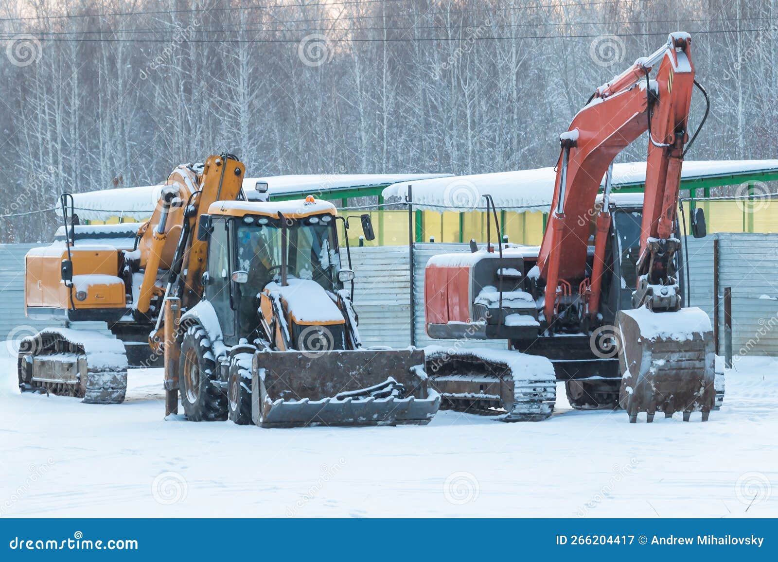 Excavators at Construction Site at Winter Stock Image - Image of loader ...