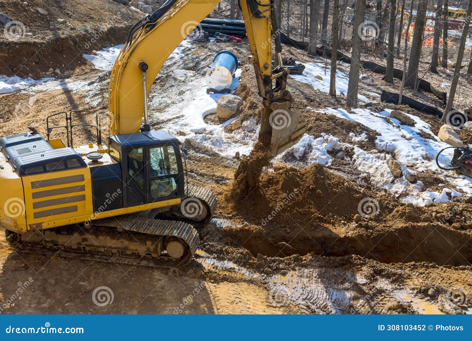 Excavators Dig Trenches on a Construction Site during Earthmoving Works ...