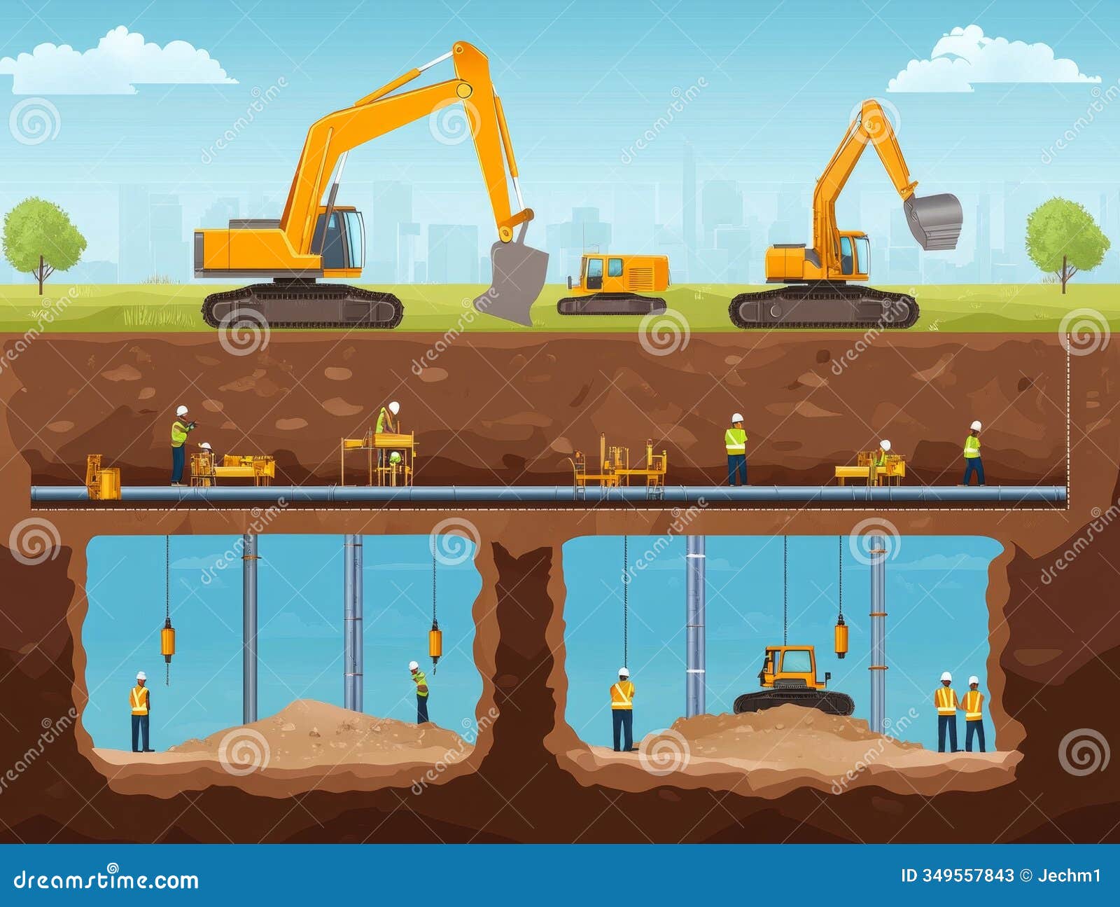 Excavators Digging and Workers Building Underground Pipeline ...