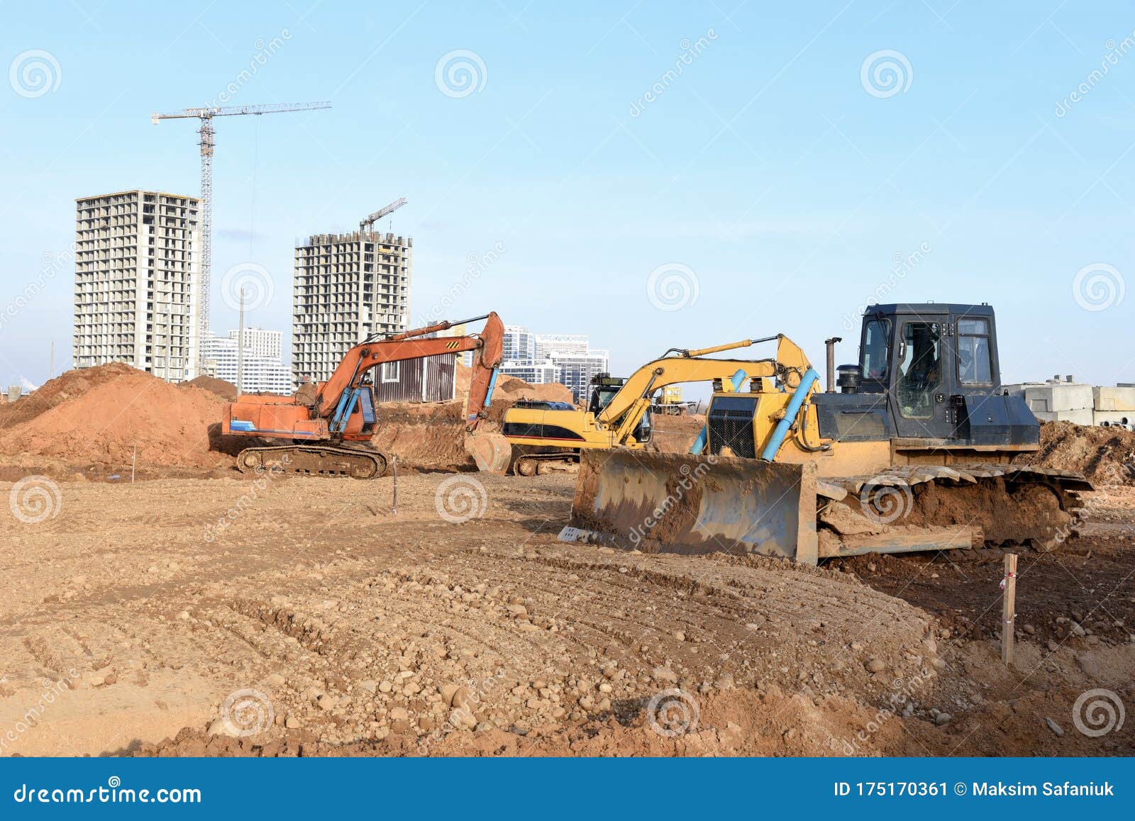 Excavators and Dozer Digs Ground at a Construction Site for Installing ...