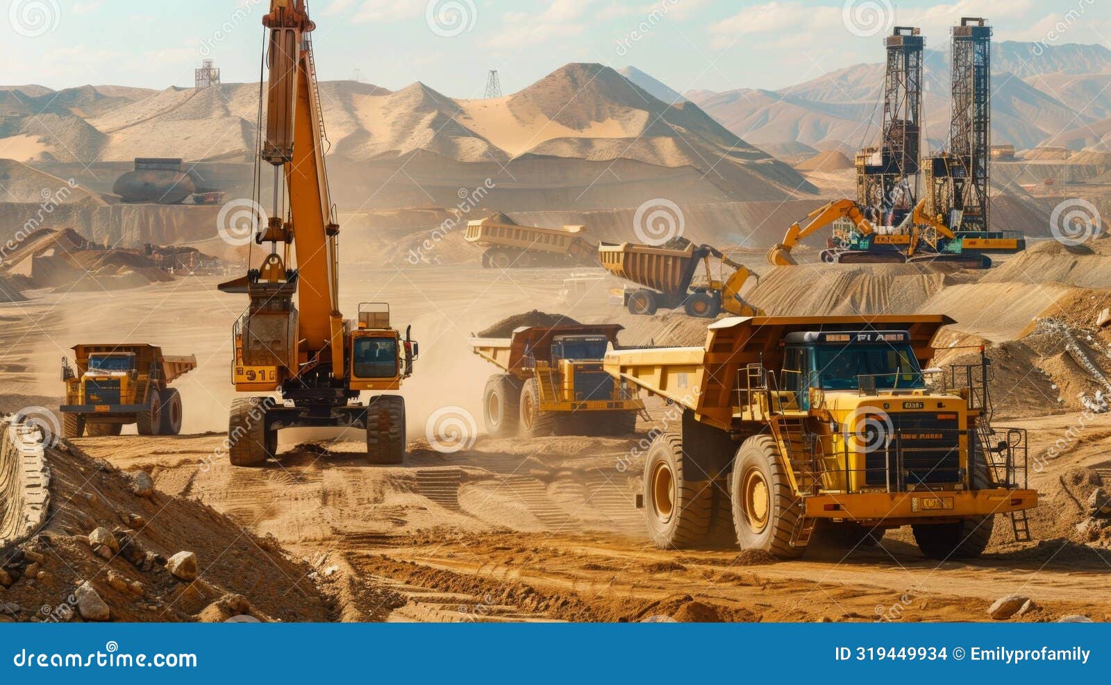 Excavators and Dump Trucks Operating at a Busy Desert Mining Site ...