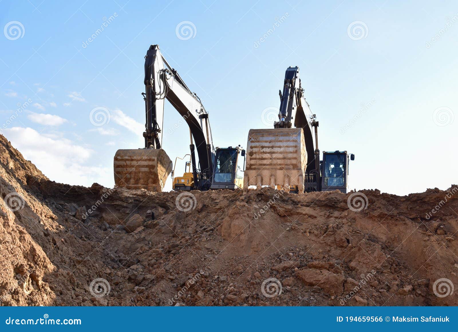 Excavators during Earthworks at Construction Site. Backhoe the Digging ...