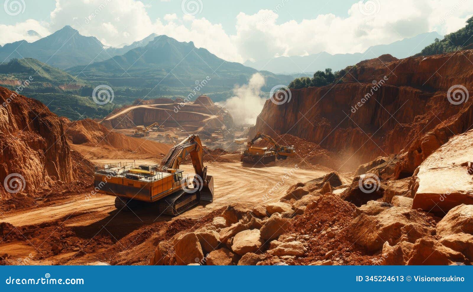 Excavators in a Large Open-Pit Mine with Mountainous Background Stock ...