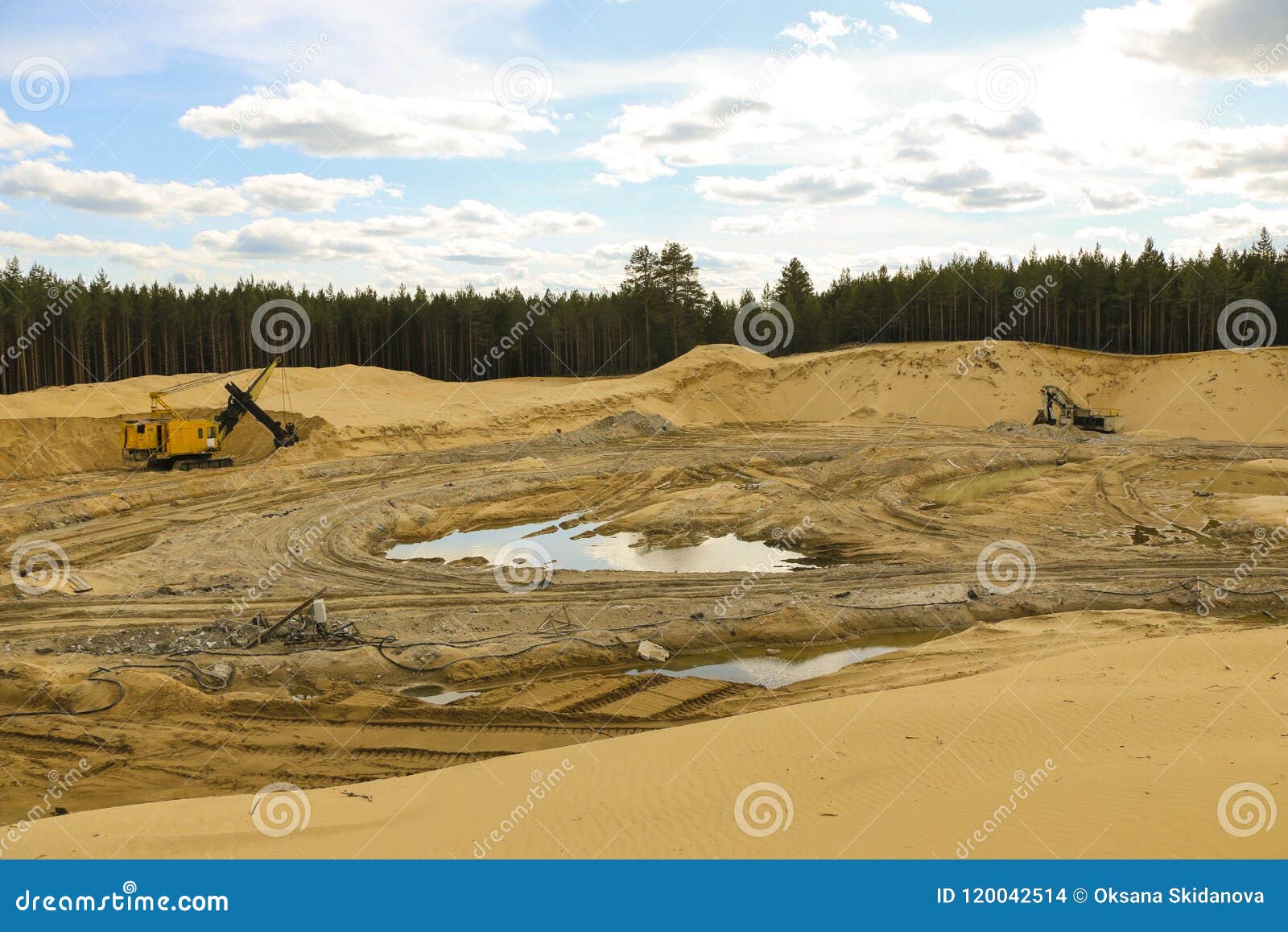 Excavators at a Sand Quarry. Big Orange Digger in Open Sand Mine is ...