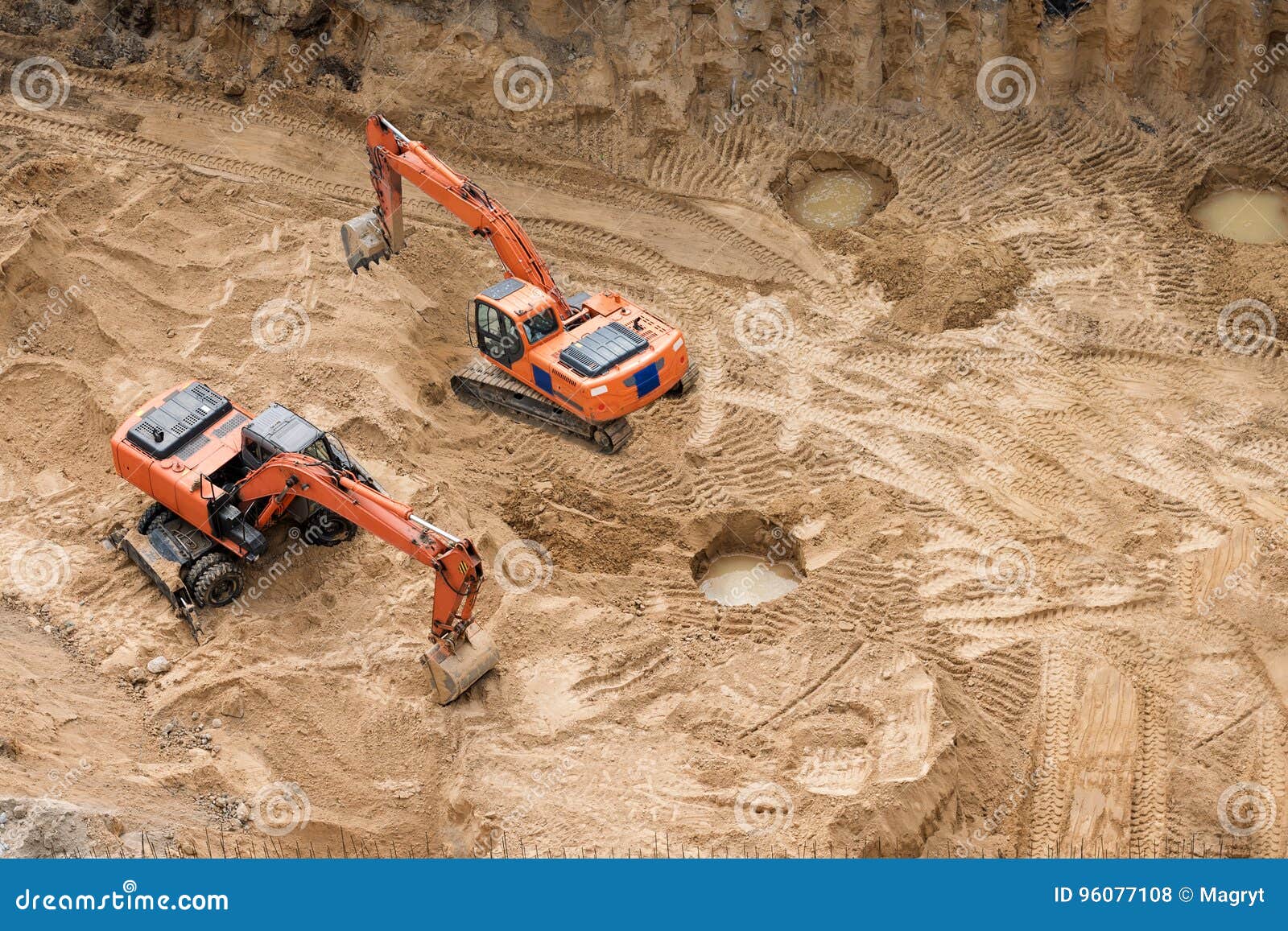 Excavators at Sandpit during Earthmoving Works. Construction of ...