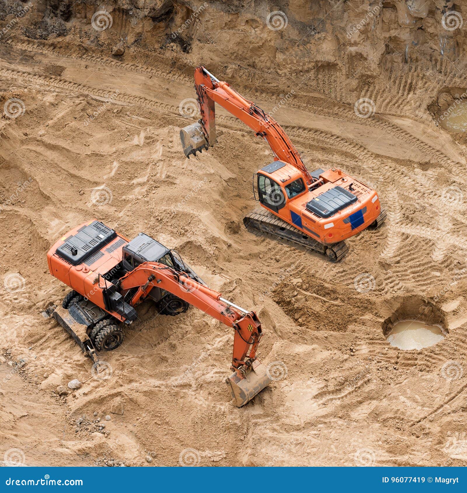 Excavators at Sandpit during Earthmoving Works. Construction of ...