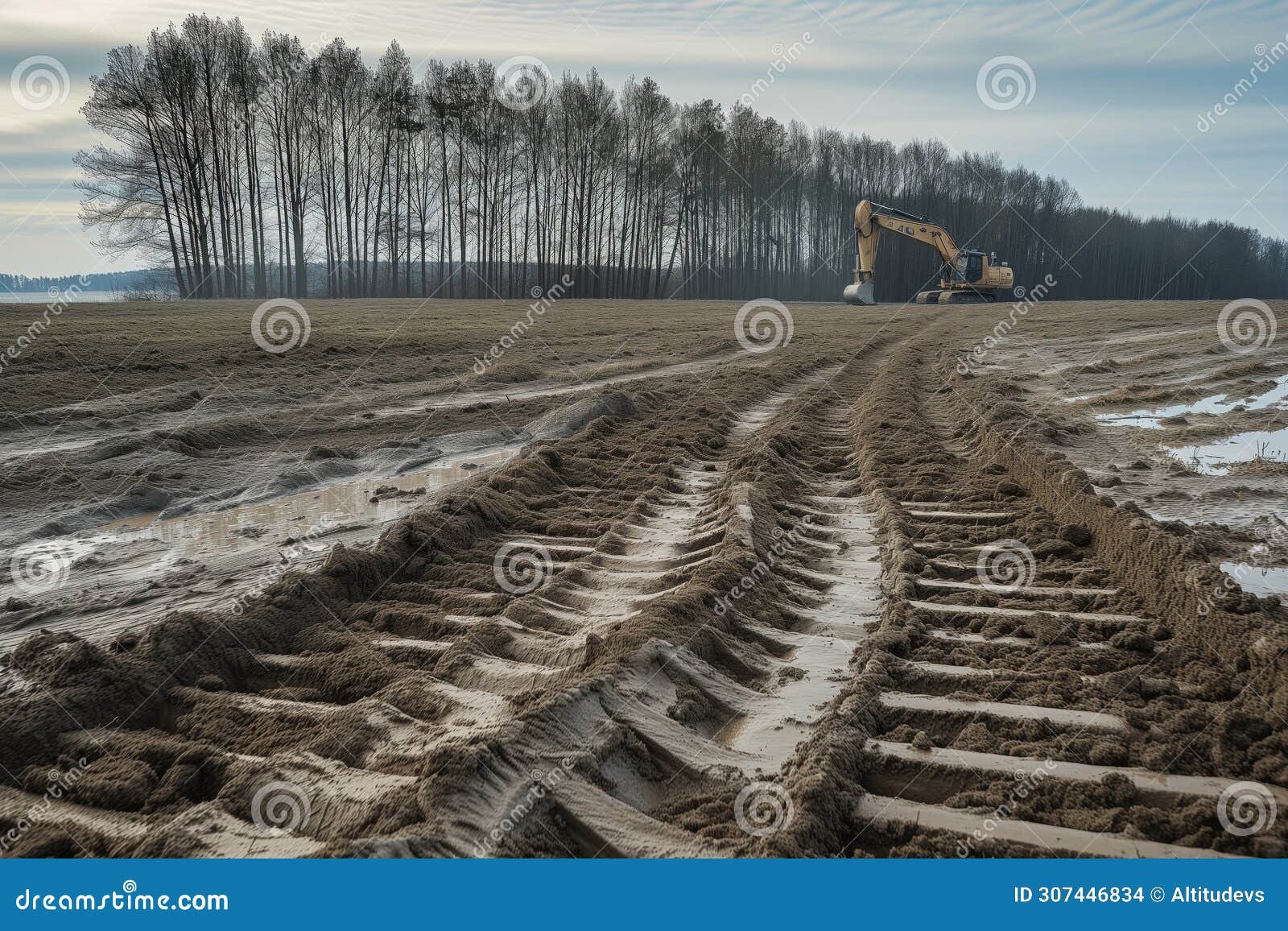 Excavators Tracks Imprinted in Mud with Distant Trees Stock Photo ...