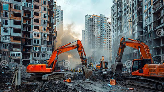 Excavators at Work: Clearing Destroyed Sites. Generated by AI Stock ...
